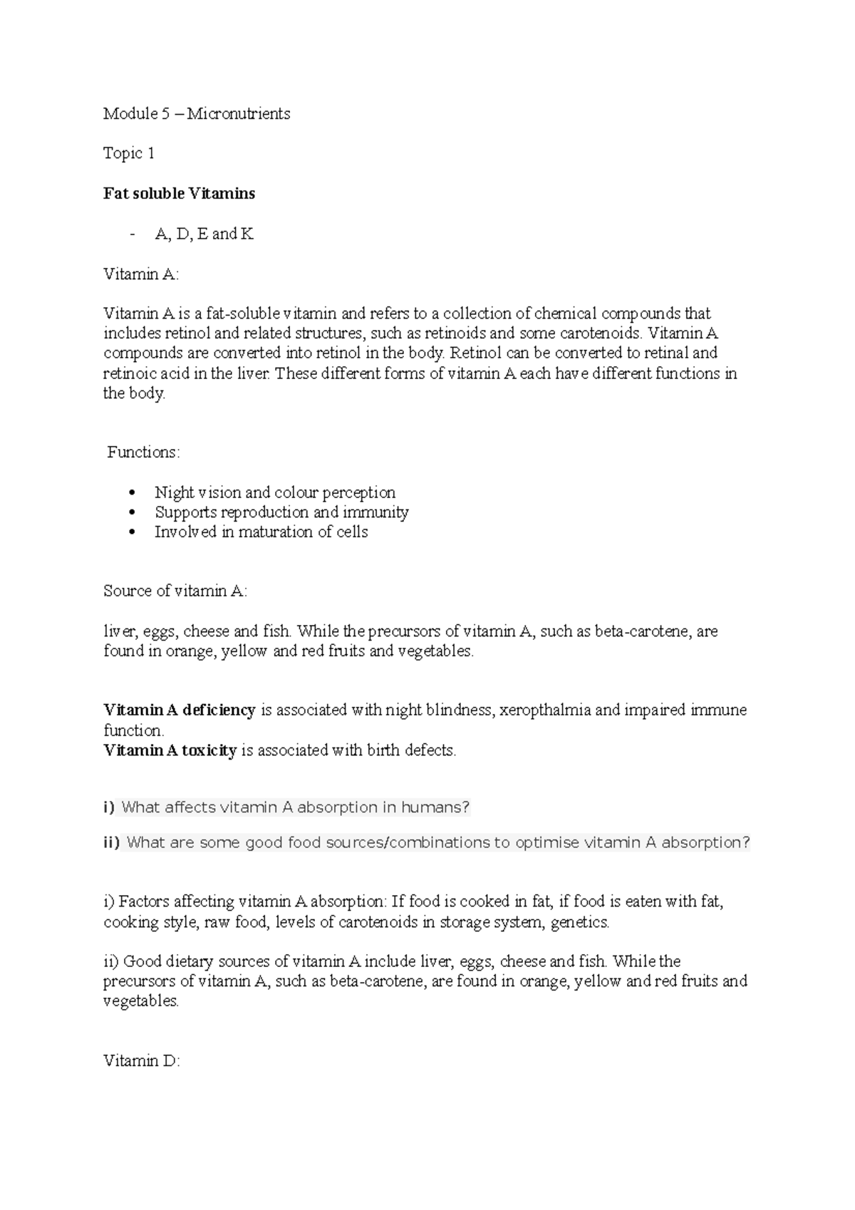 Module 5 - Online learning notes - Module 5 – Micronutrients Topic 1 ...
