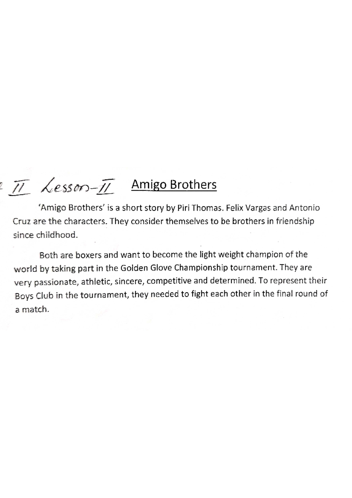 Amigo Brothers and The Hour of Truth - II Amigo Brothers is a short ...