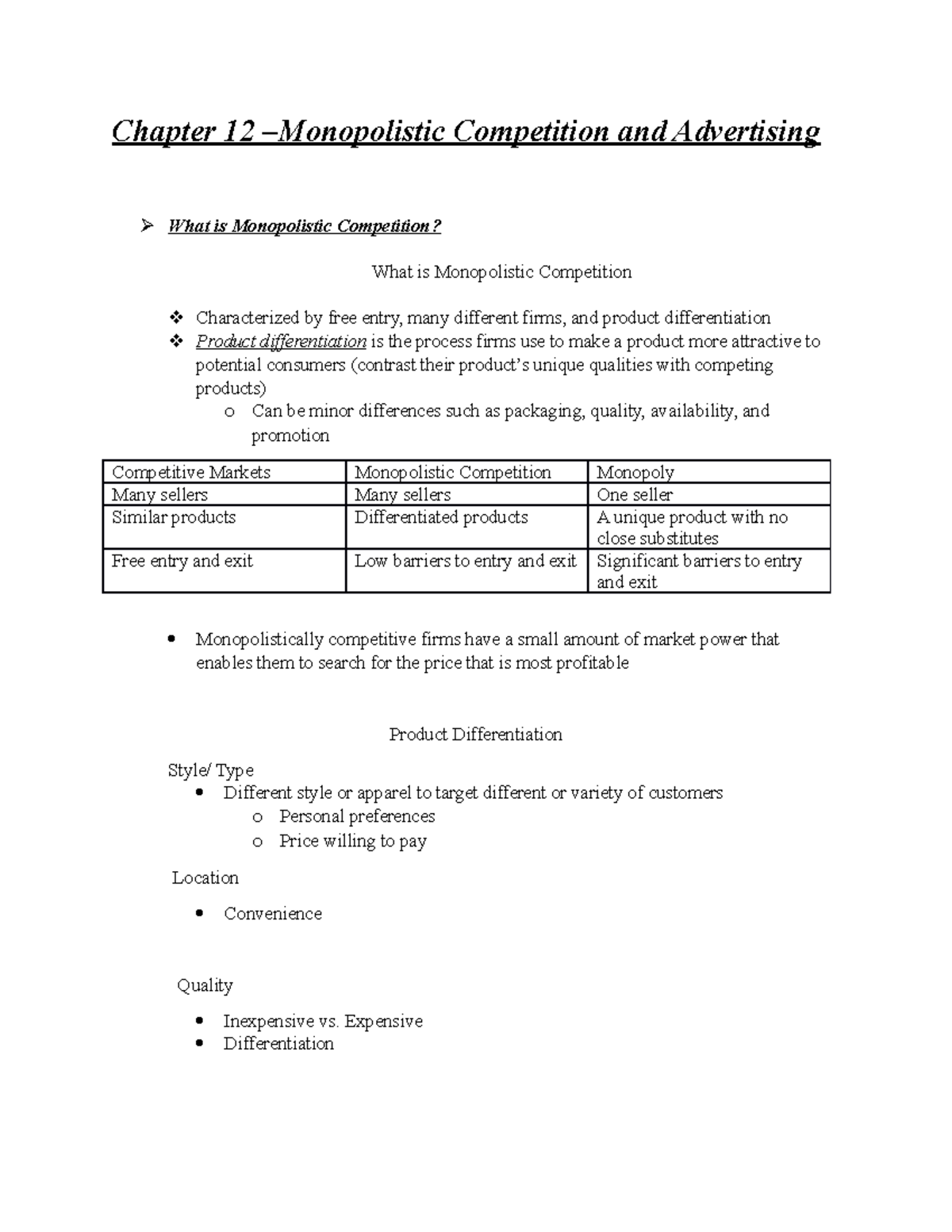 Chapter 12 Notes - Chapter 12 –Monopolistic Competition and Advertising ...