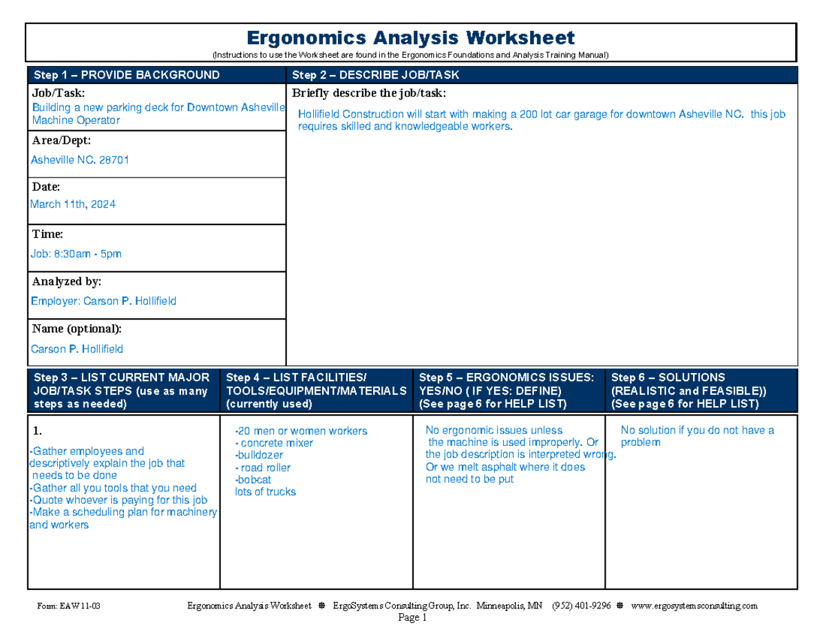 Ergonomics Analysis Worksheet - Form: EAW 11- Ergonomics Analysis ...