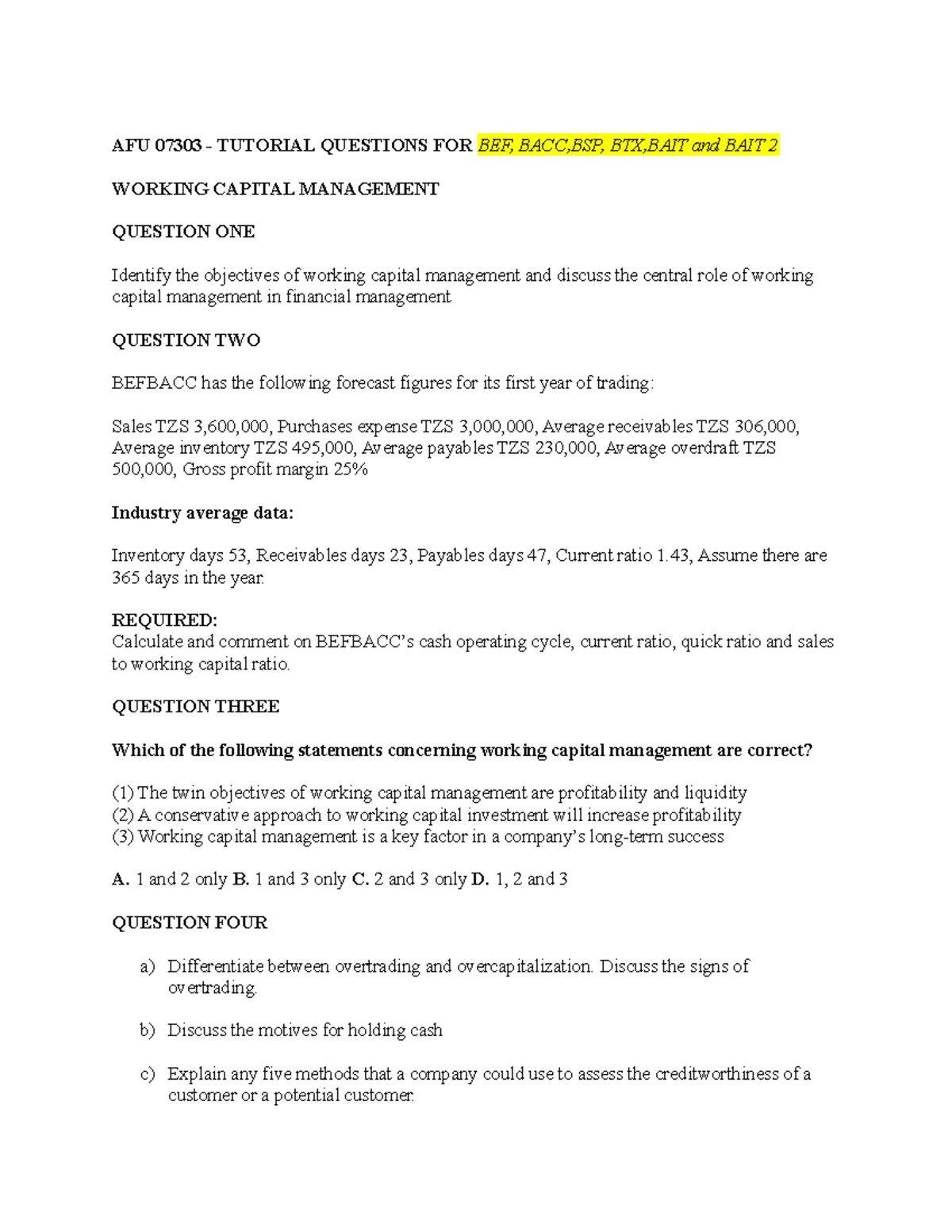Tutorial Question- Working Capital - AFU 07303 - TUTORIAL QUESTIONS FOR ...