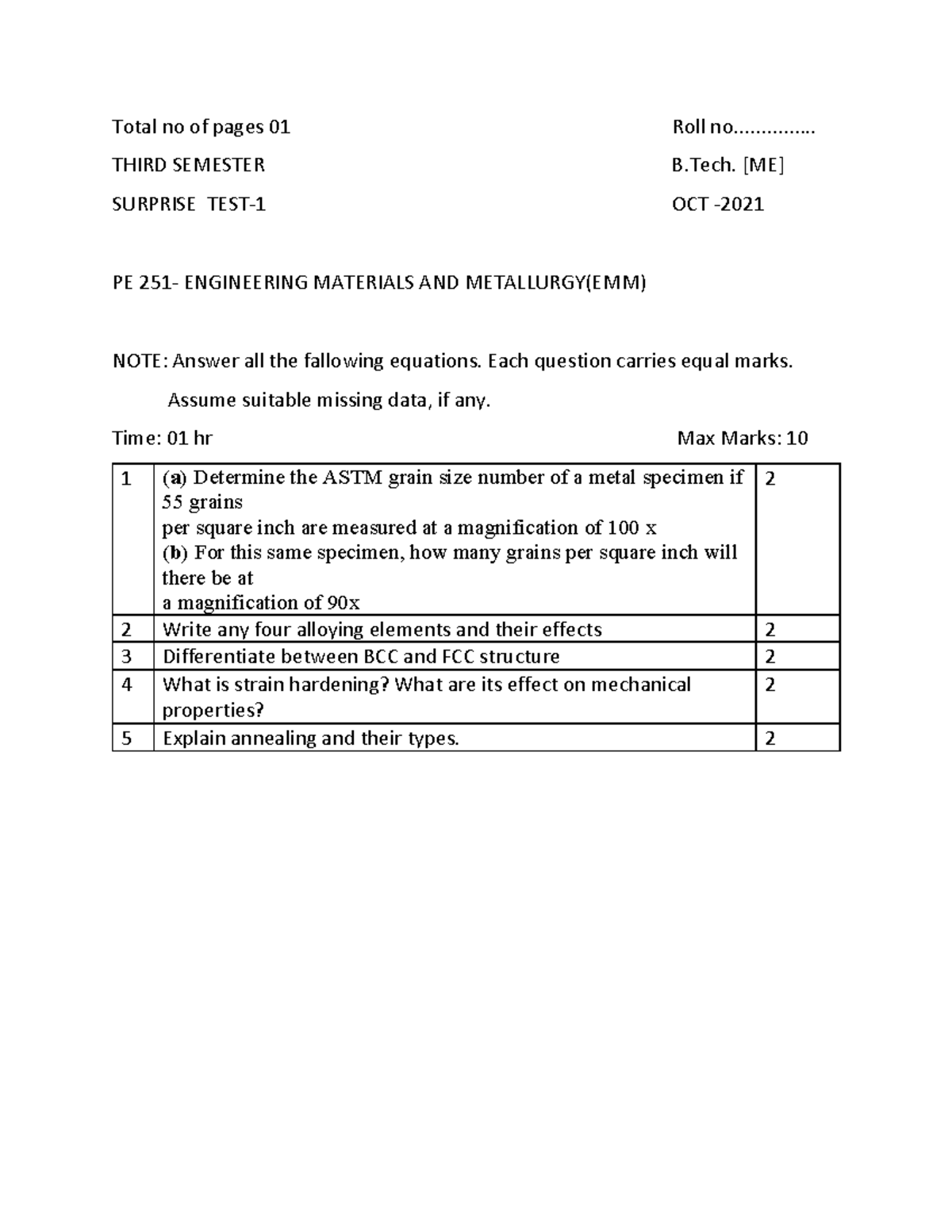 ST-1 - Question on EMM - Total no of pages 01 Roll no............... THIRD SEMESTER B. [ME ...
