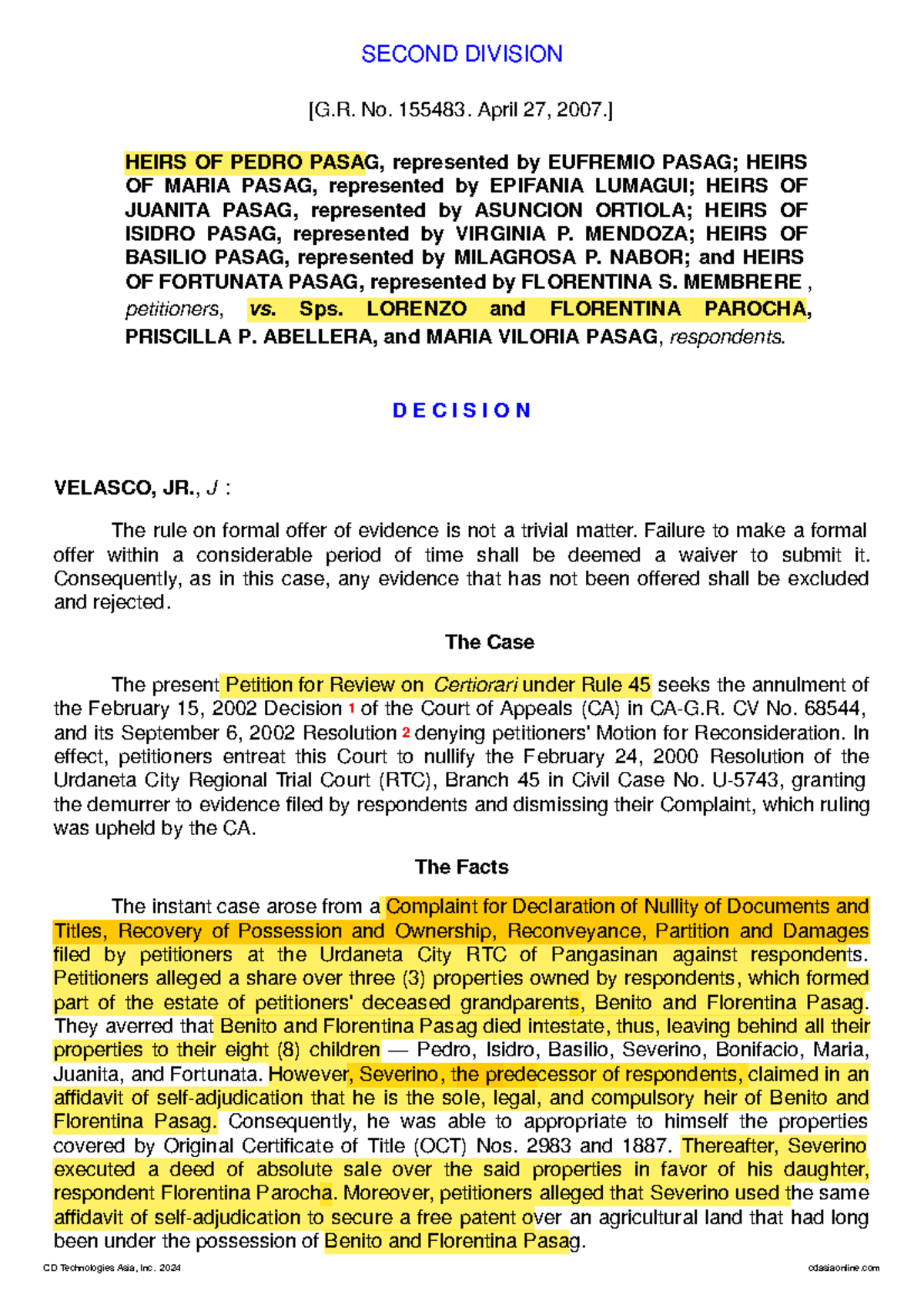 Heirs of Pasag v. Spouses Parocha - SECOND DIVISION [G. No. 155483 ...