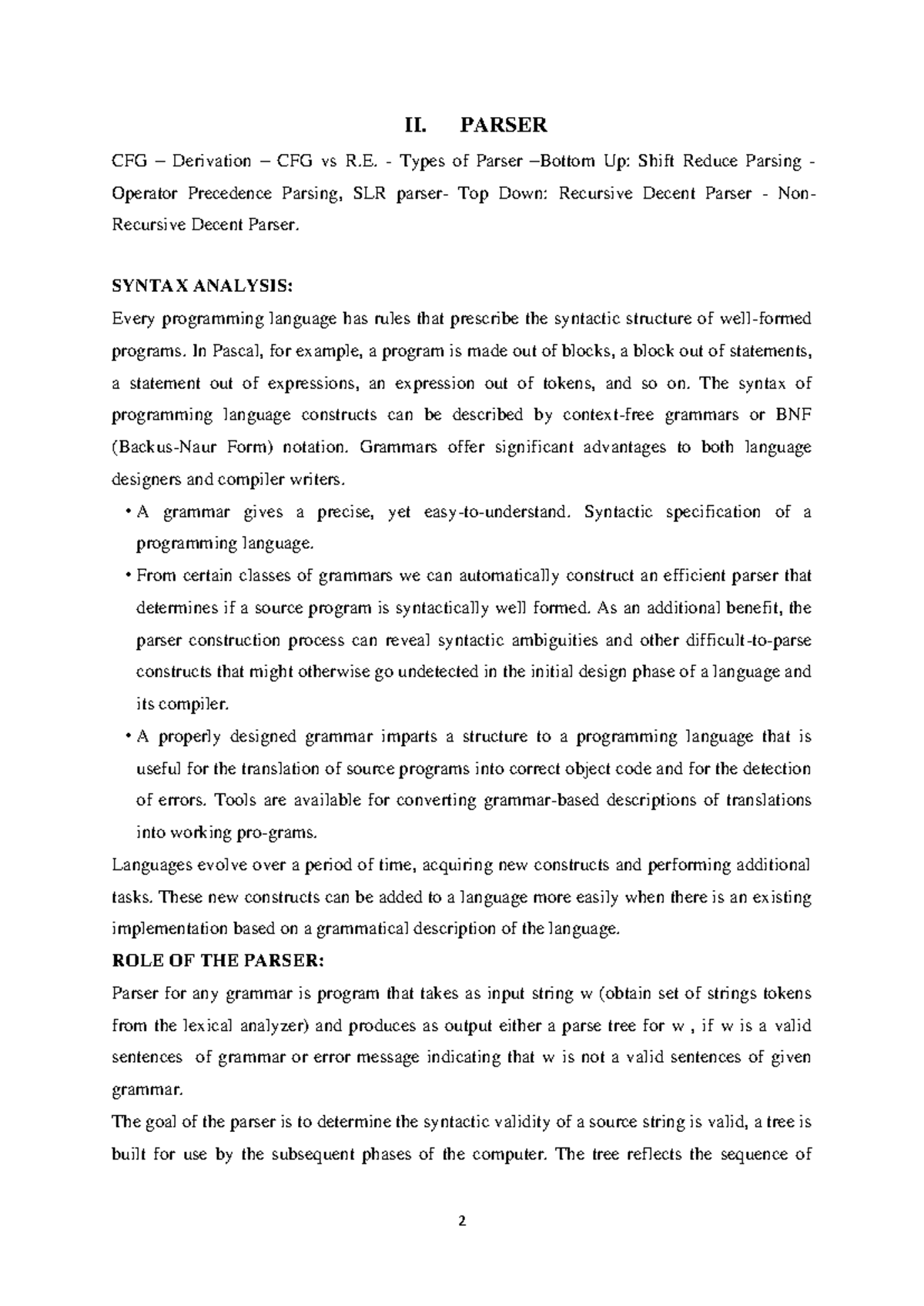Operator Precedence Parsing - II. PARSER CFG – Derivation – CFG vs R. - Types of Parser – Bottom ...