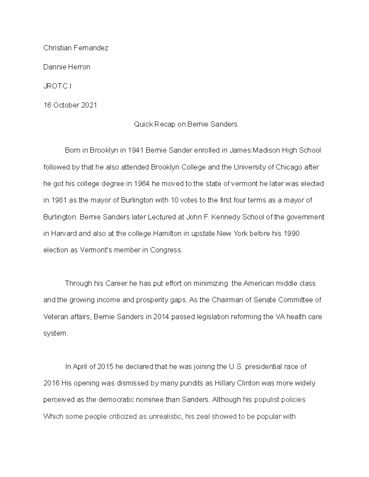 Quick Recap on Bernie Sanders - Christian Fernandez Dannie Herron JROTC ...