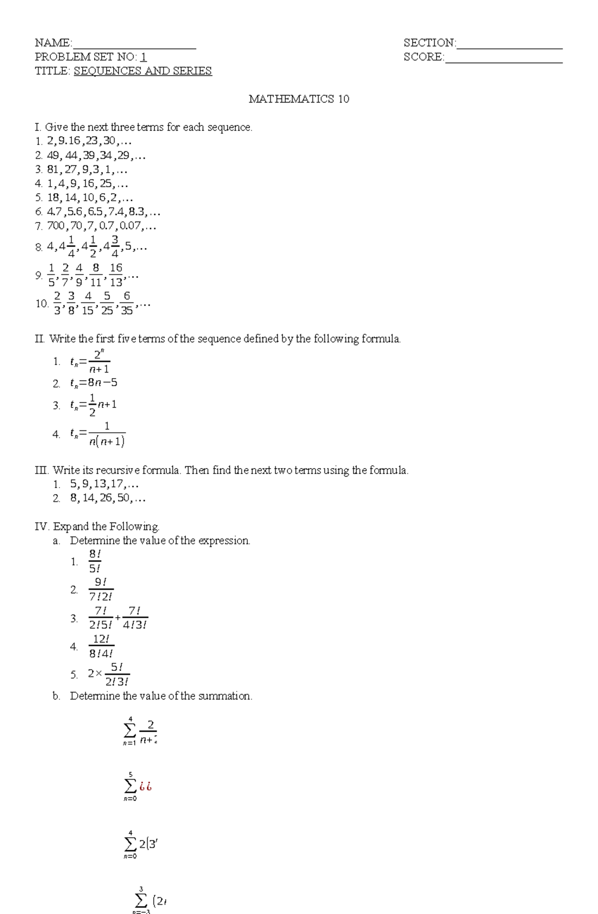 Problem SET NO 1 - NAME:_____________________ SECTION ...