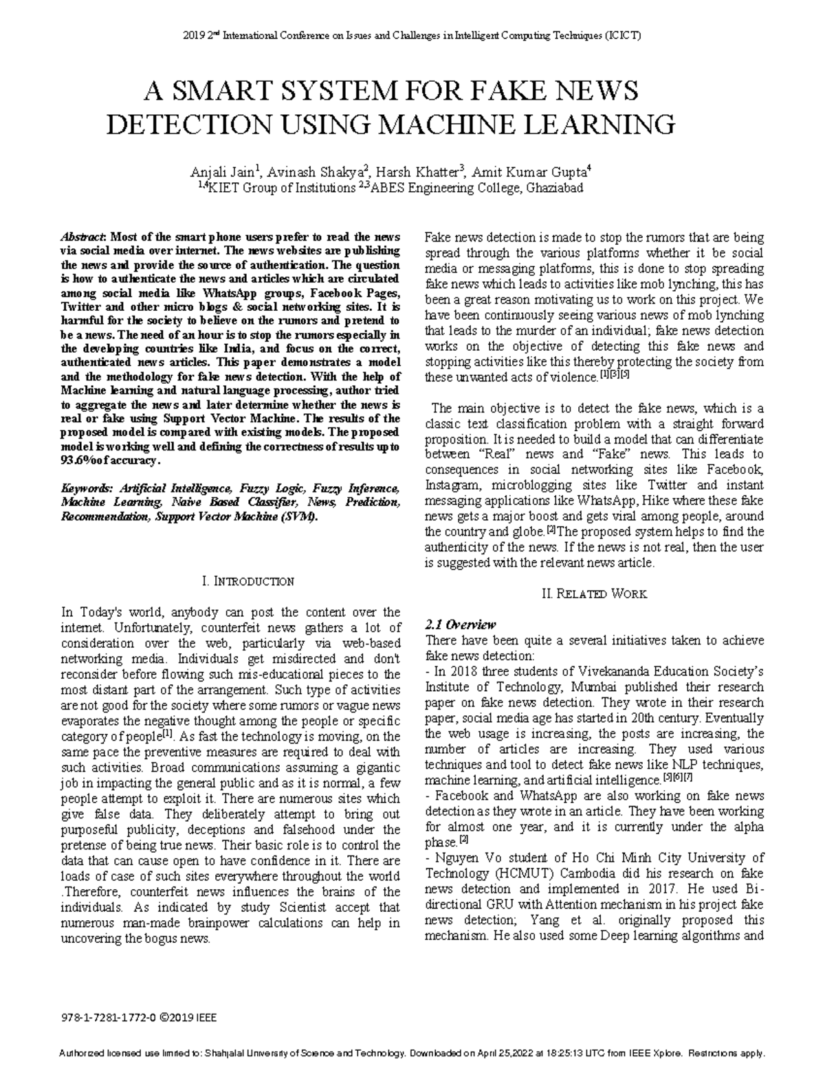 A smart System for Fake News Detection Using Machine Learning - 2019 ...