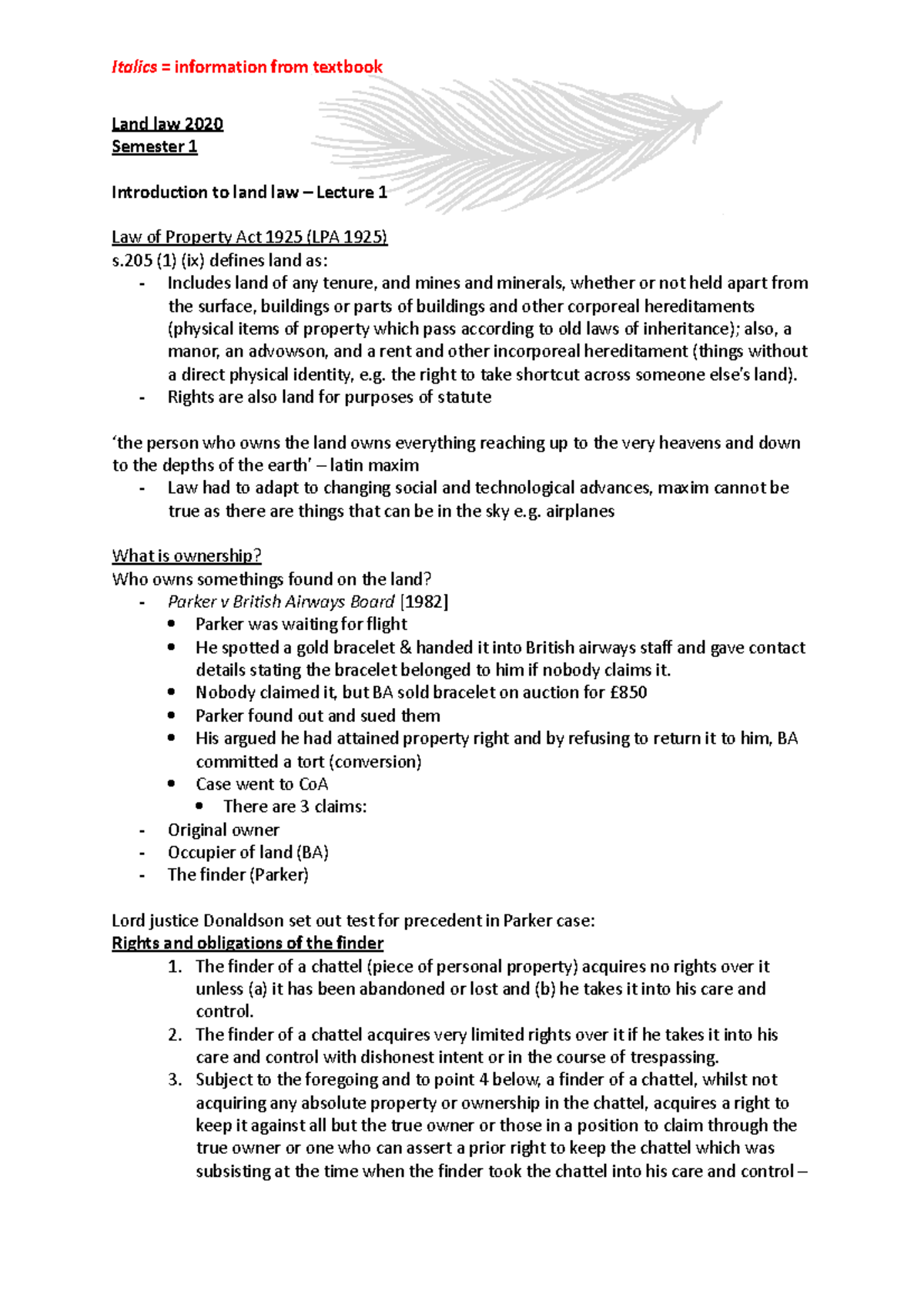 Land law 2020 - Full semester notes - Land law 2020 Semester 1 Introduc ...