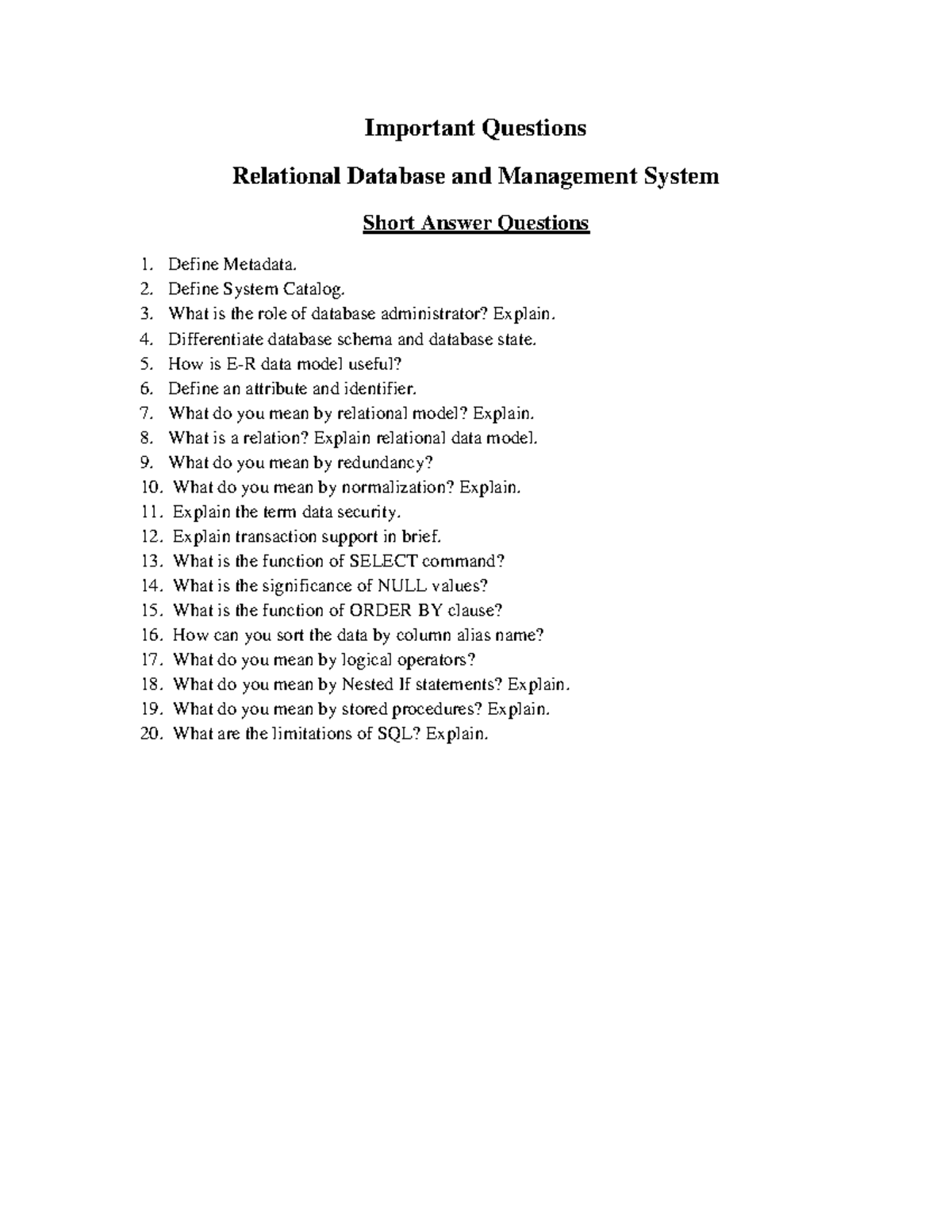 Rdbms question - Important Questions Relational Database and Management System Short Answer ...