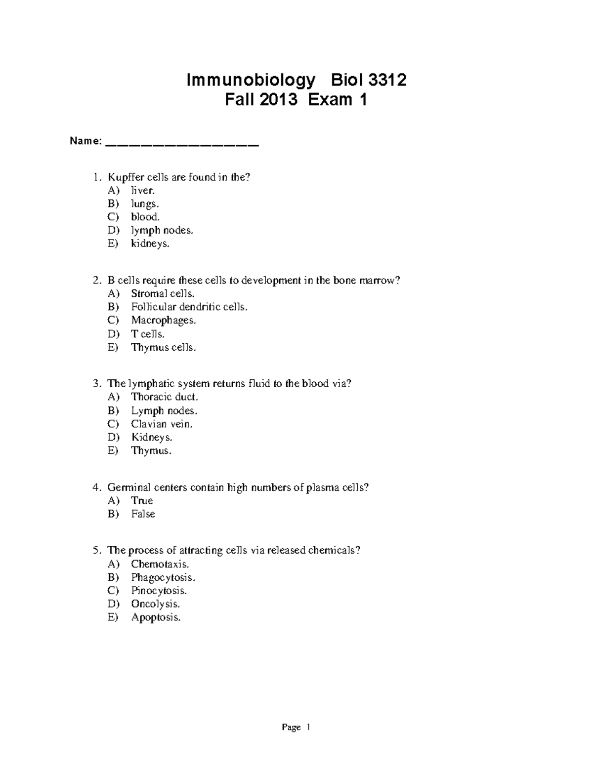 Sample_exams_to_post__1_ - Immunobiology Biol 3312 Fall 20 13 Exam 1 ...