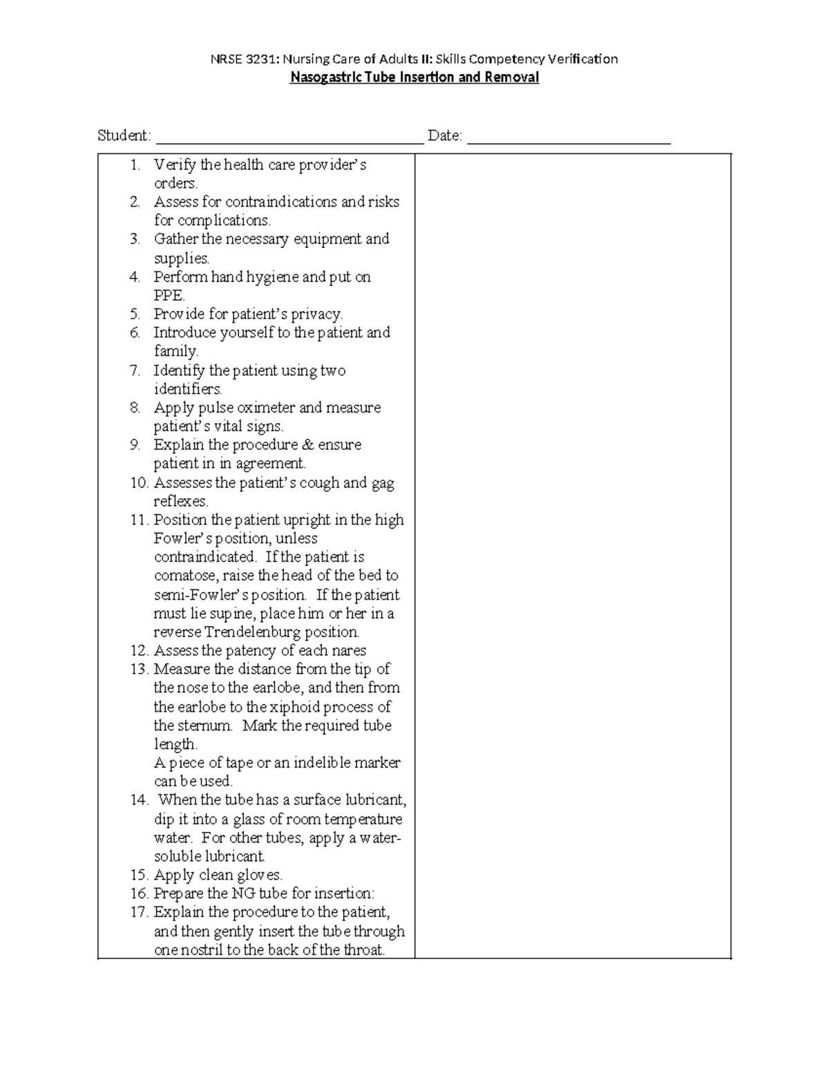 NG Check-Off Form student version 2024 - Nasogastric Tube Insertion and ...