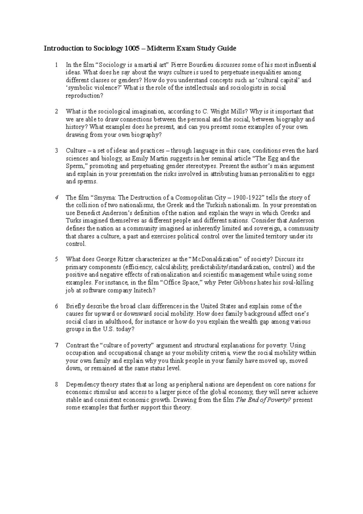My Midterm Study Guide - Introduction to Sociology 1005 – Midterm Exam ...