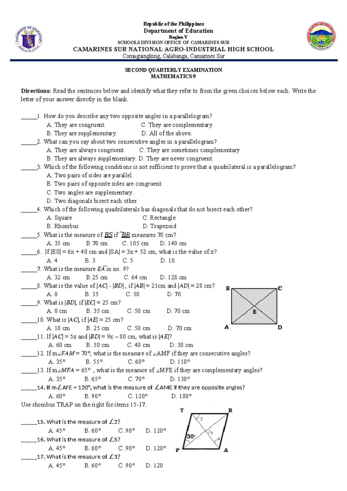 PT G9 MATH - Republic of the Philippines Department of Education Region ...