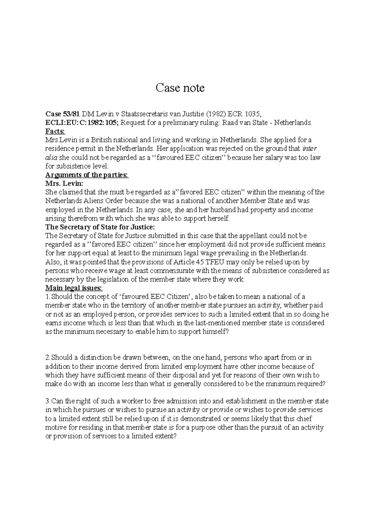 Case note - It is very important assignment - European Union and ...