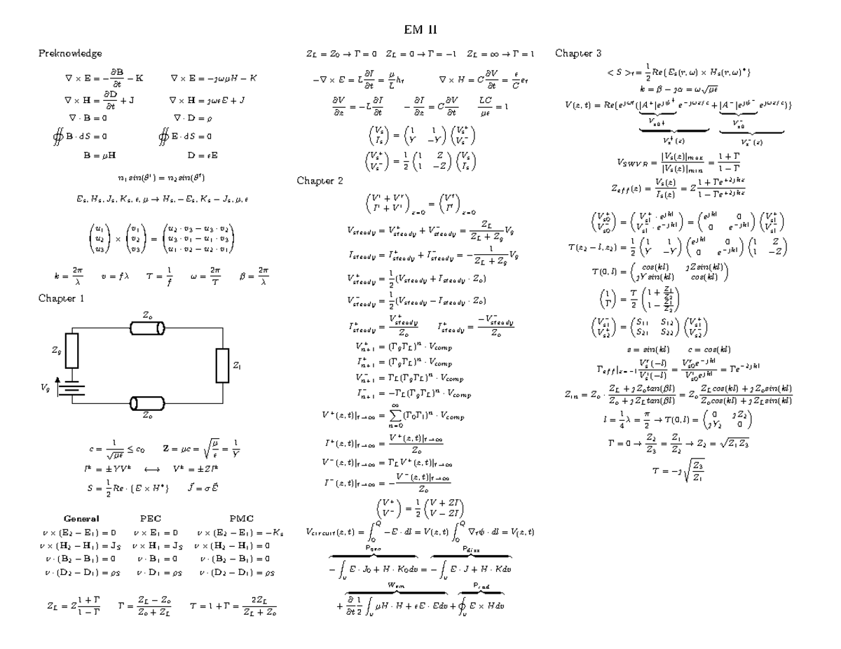 Em2 cheat sheet - EM II Preknowledge ∇ × E = − ∂B ∂t − K ∇ × E = −jωμH ...