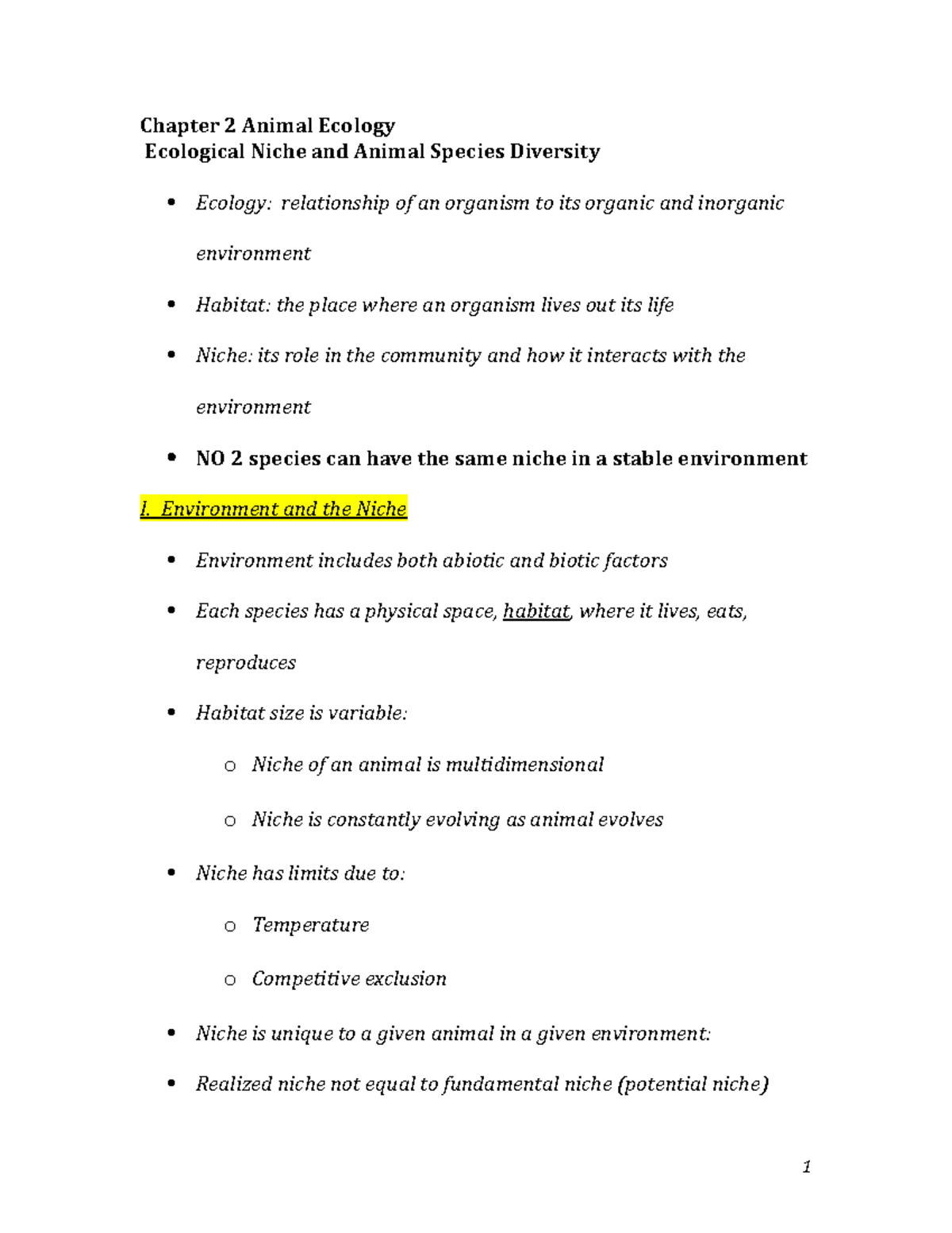 AD CH 2 lecture Ecology handout - Chapter 2 Animal Ecology Ecological ...