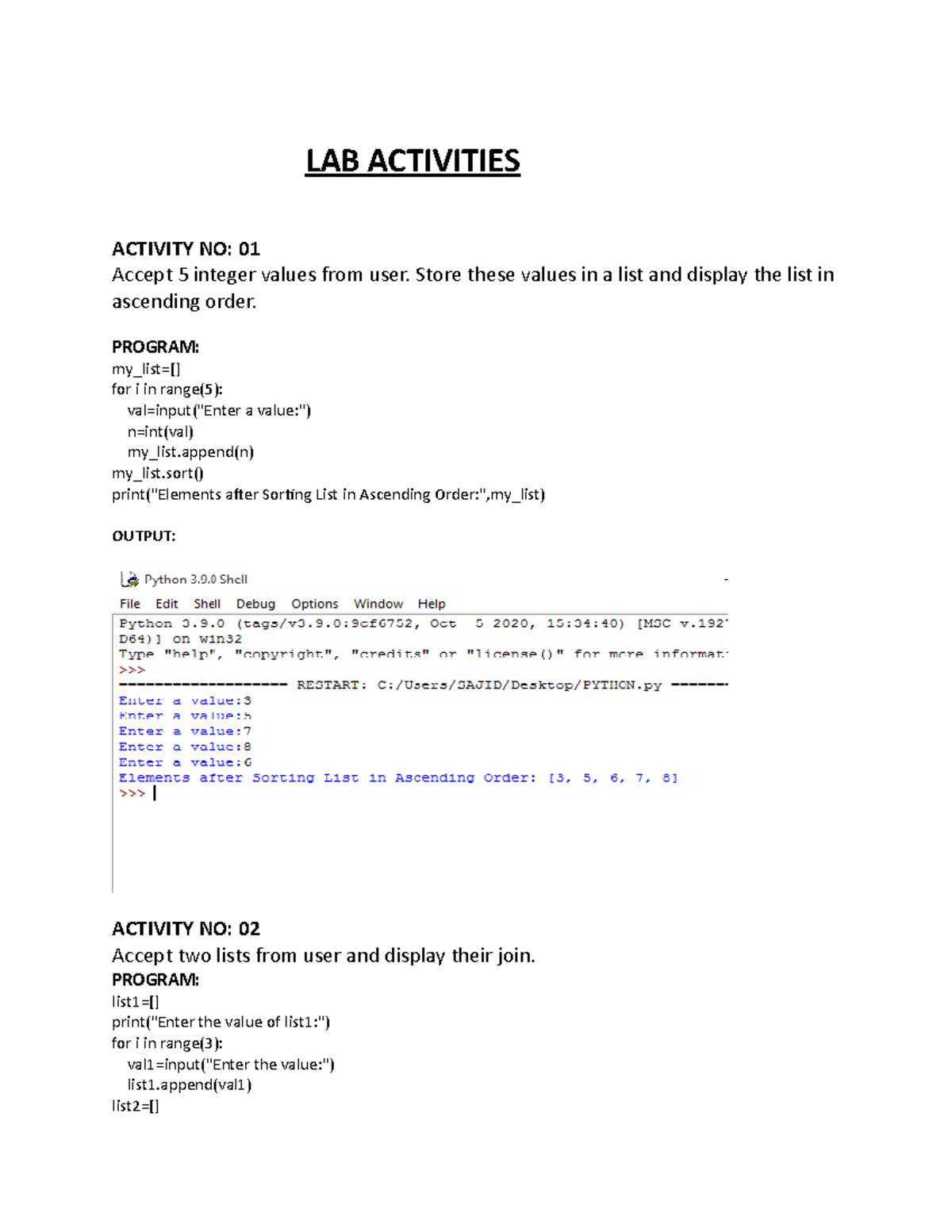 Ict Lab Assignment Lab Activities Activity No 01 Accept 5 Integer Values From User Store