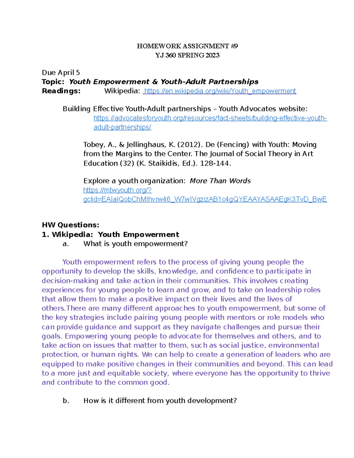 HW #9 - Homework - HOMEWORK ASSIGNMENT YJ 360 SPRING 2023 Due April 5 Topic: Youth Empowerment ...
