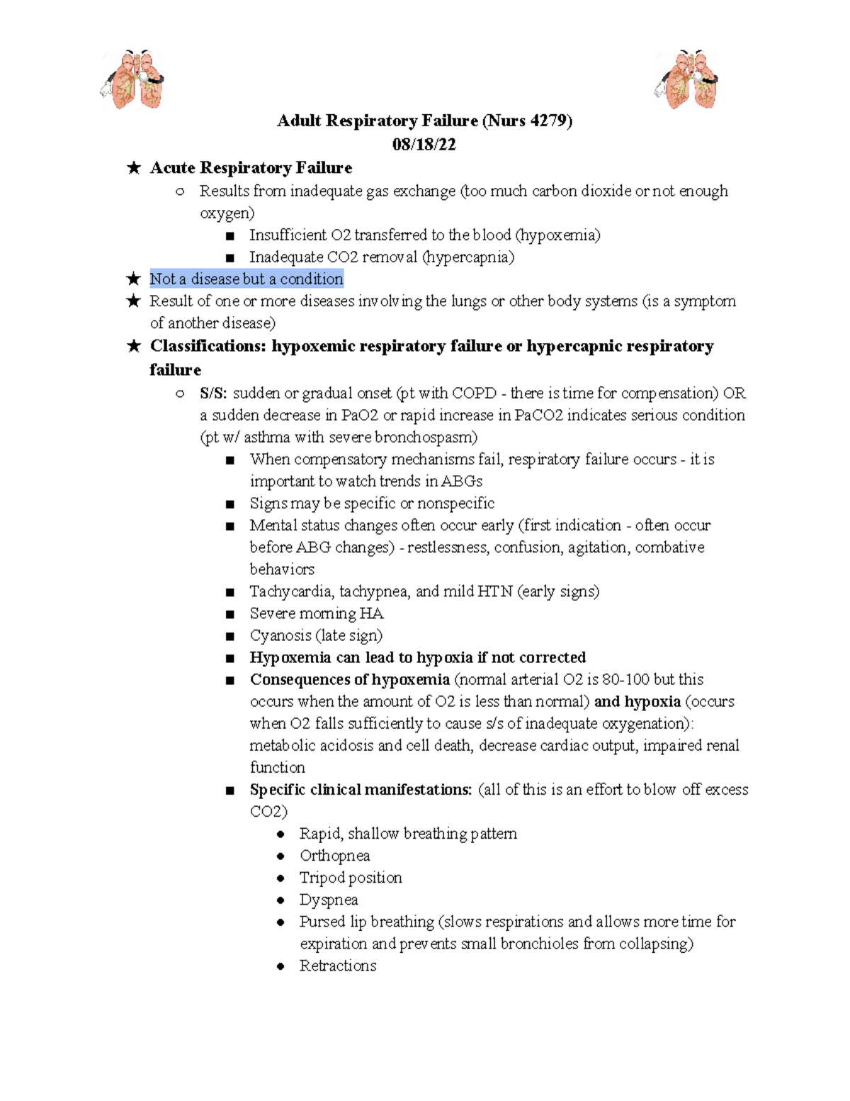 Adult Respiratory Failure - Studocu