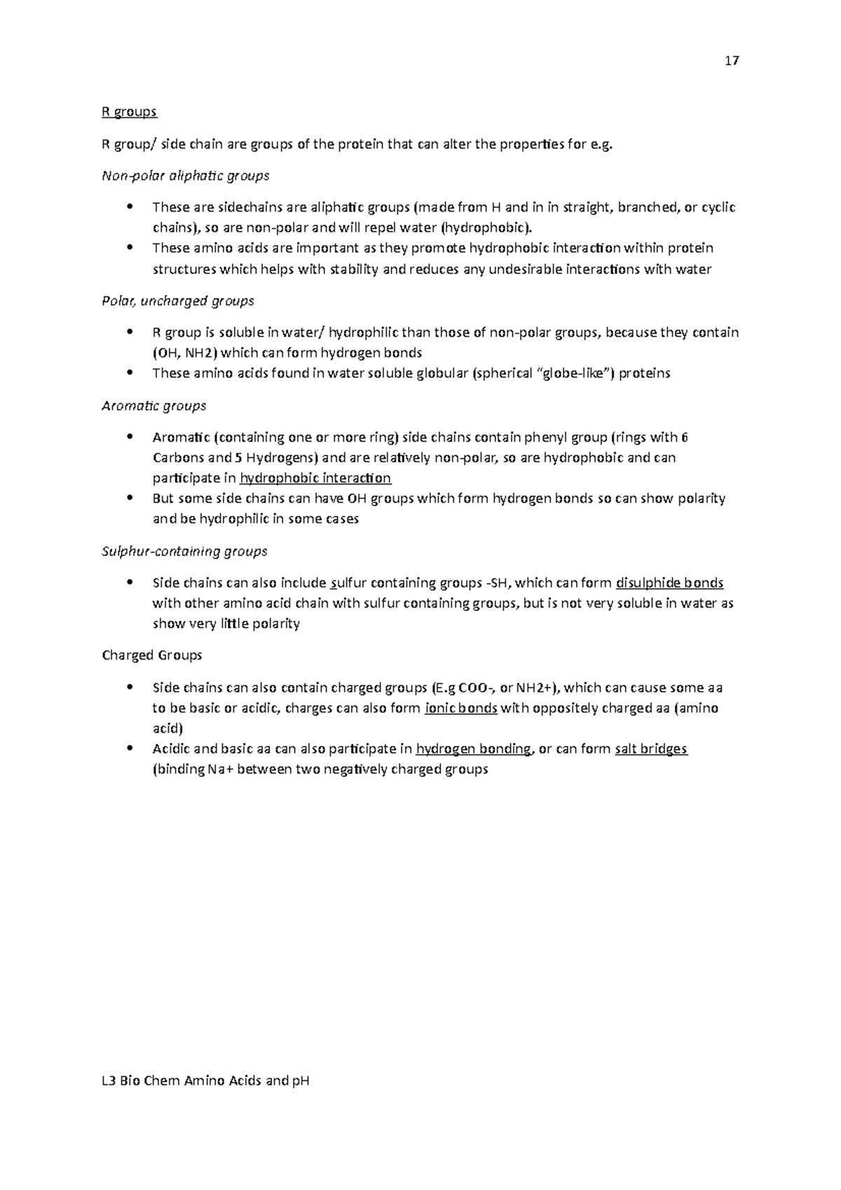 R groups in amino acids - Lecture notes 1 - 17 R groups R group/ side ...