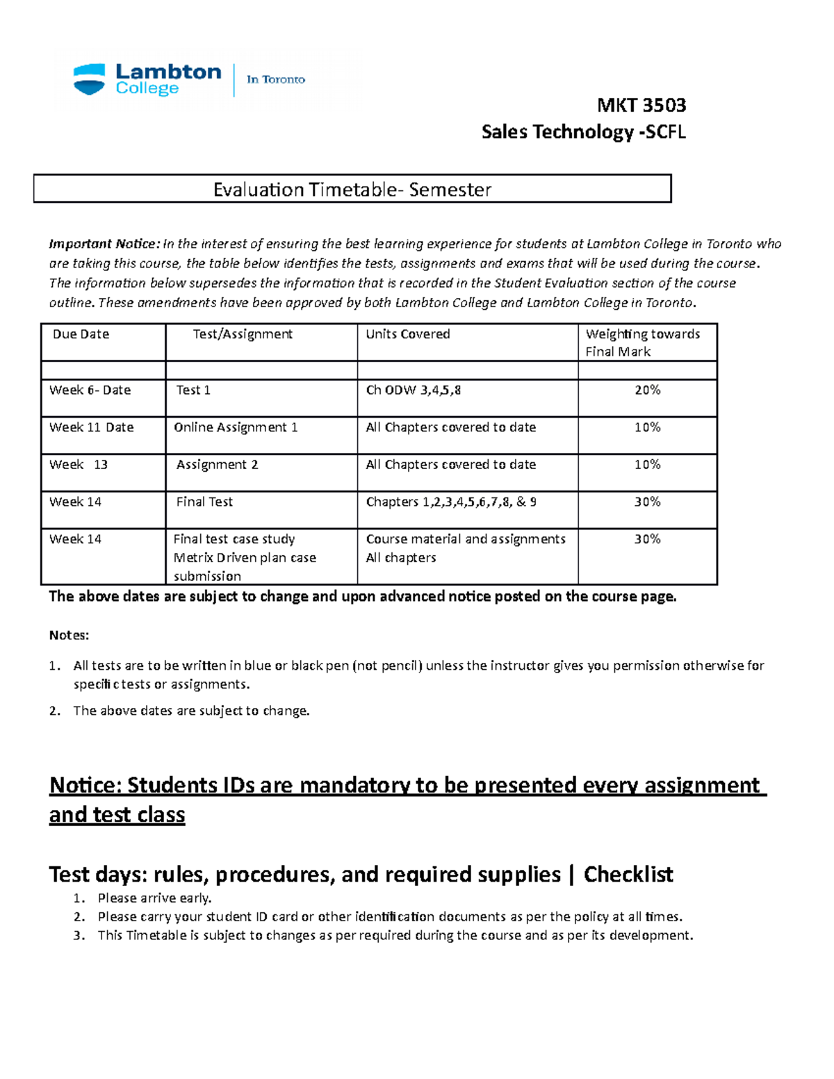Evaluation Timetable mkt3503semester (1) - MKT 3503 Sales Technology ...