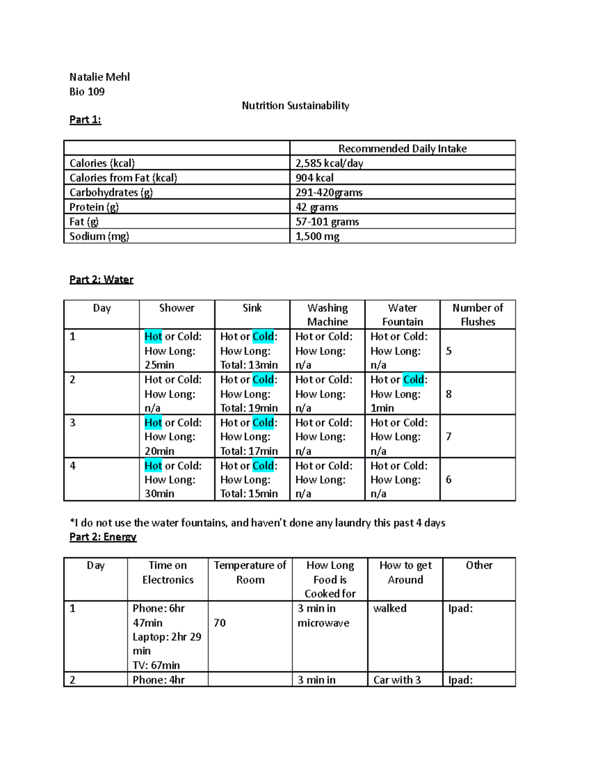 Nutrition Sustainability Lab - Natalie Mehl Bio 109 Nutrition ...