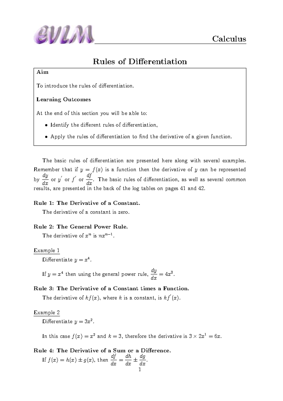 Handout 4.3,1 Rules of Differentiation - Calculus Rules of ...