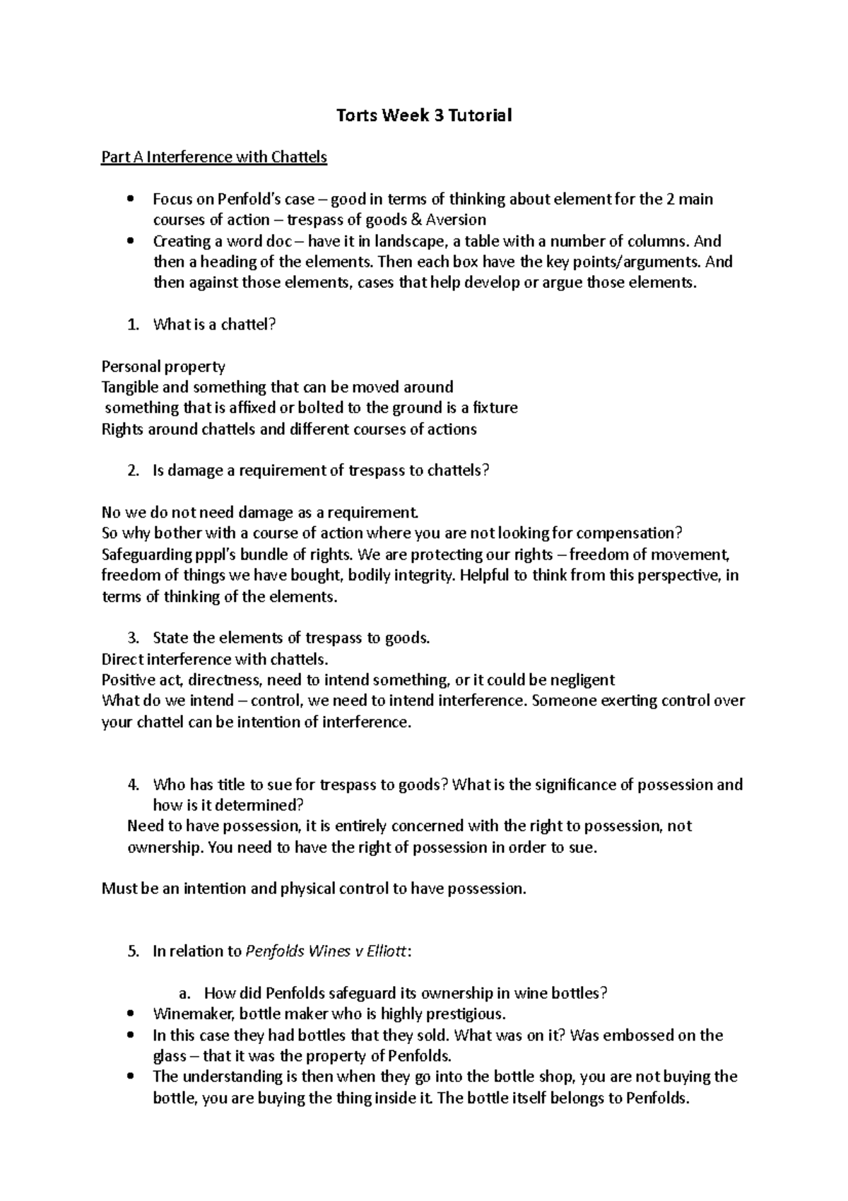 Week 3 tutorial edited (Torts) - Torts Week 3 Tutorial Part A Interference with Chattels Focus ...