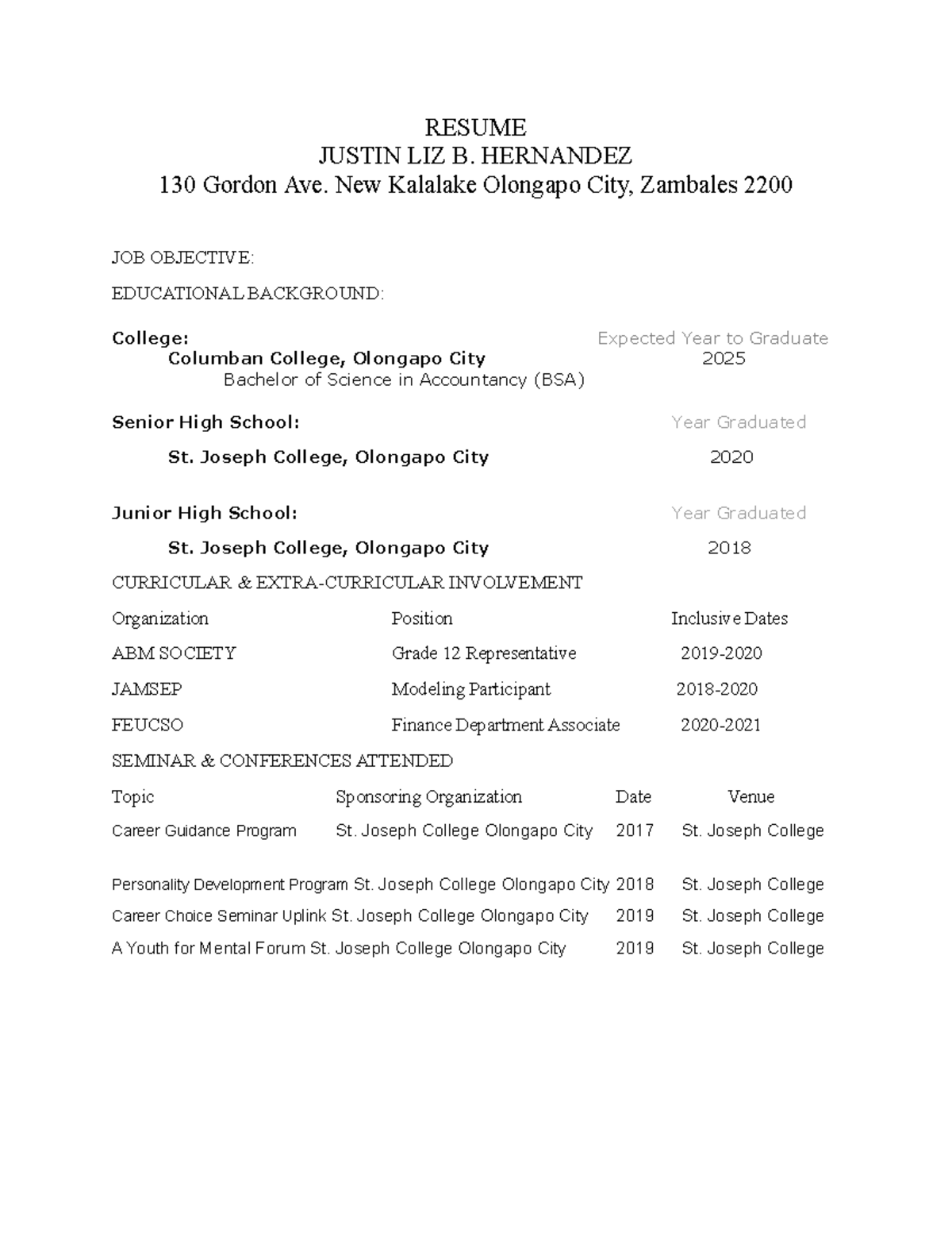 Resume-for-ITB - None - RESUME JUSTIN LIZ B. HERNANDEZ 130 Gordon Ave ...