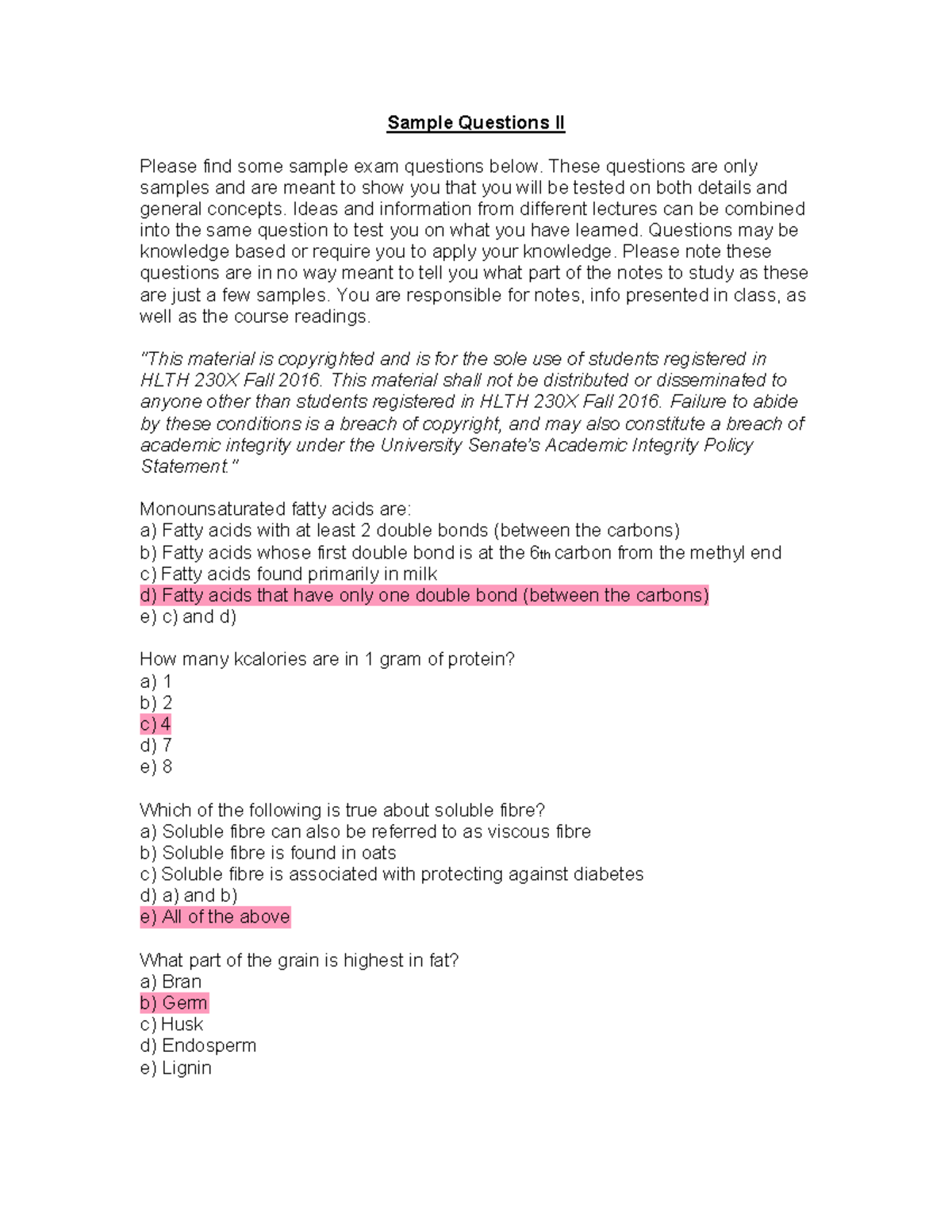 Nutrition Exam Questions #2 - Sample Questions II Please find some ...