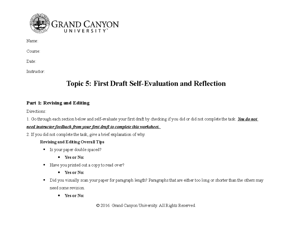 UNV-104-RS-T5-First Draft Self-Evaluationand Reflection - Name: Course ...