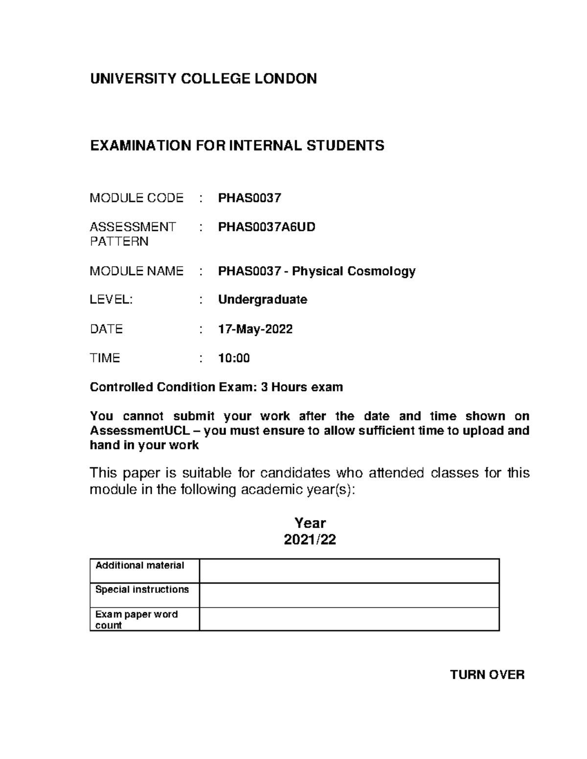 PHAS0037A6UD 2021 - Past Paper - UNIVERSITY COLLEGE LONDON EXAMINATION ...
