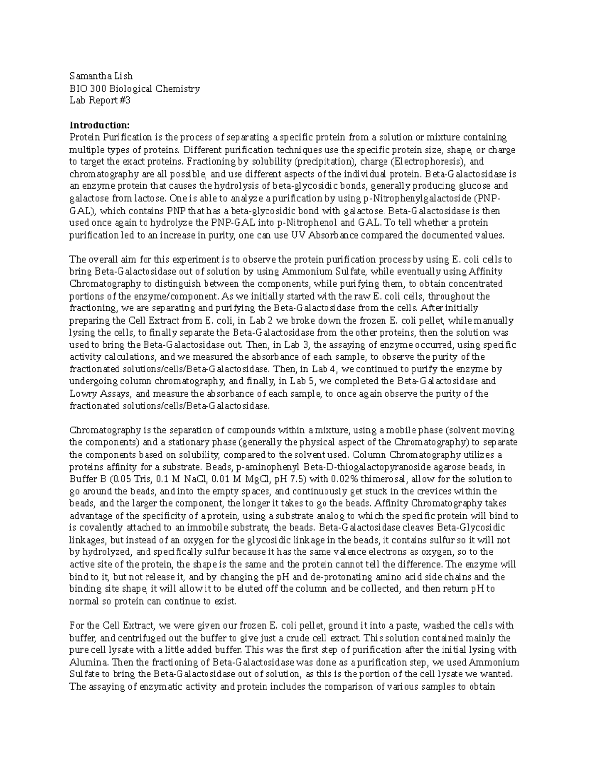 Biochem lab report 3 Sam - Samantha Lish BIO 300 Biological Chemistry ...