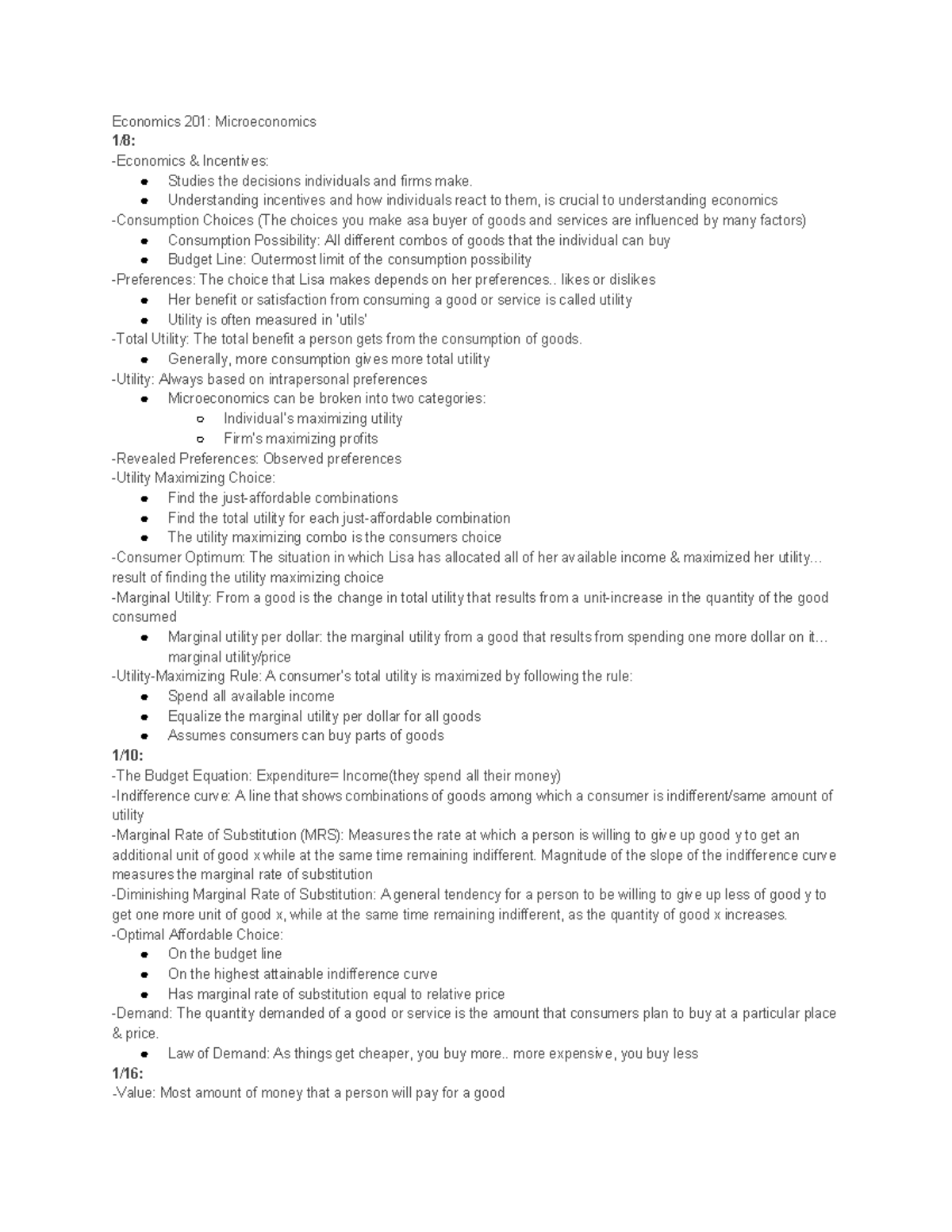 Econ 201 notes - Economics 201: Microeconomics 1/8: -Economics ...