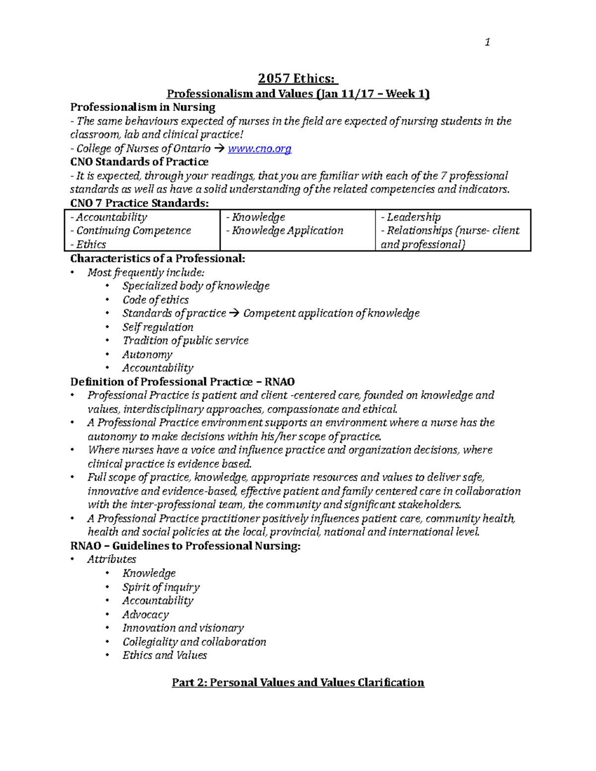 2057 Ethics Notes - 2057 Ethics: Professionalism and Values (Jan 11/17 ...