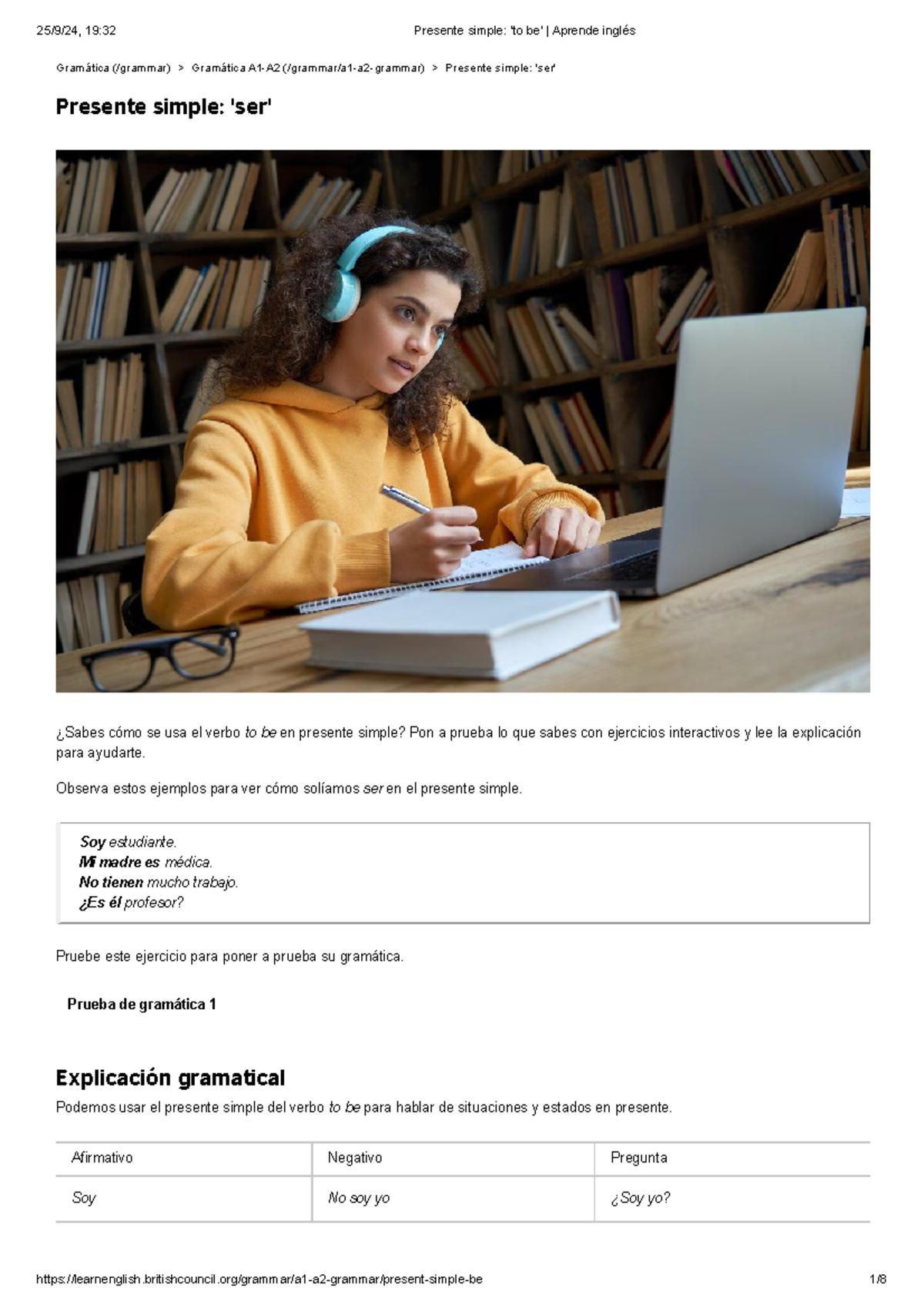 Presente simple 'to be' Aprende inglés - Gramática (/grammar ...