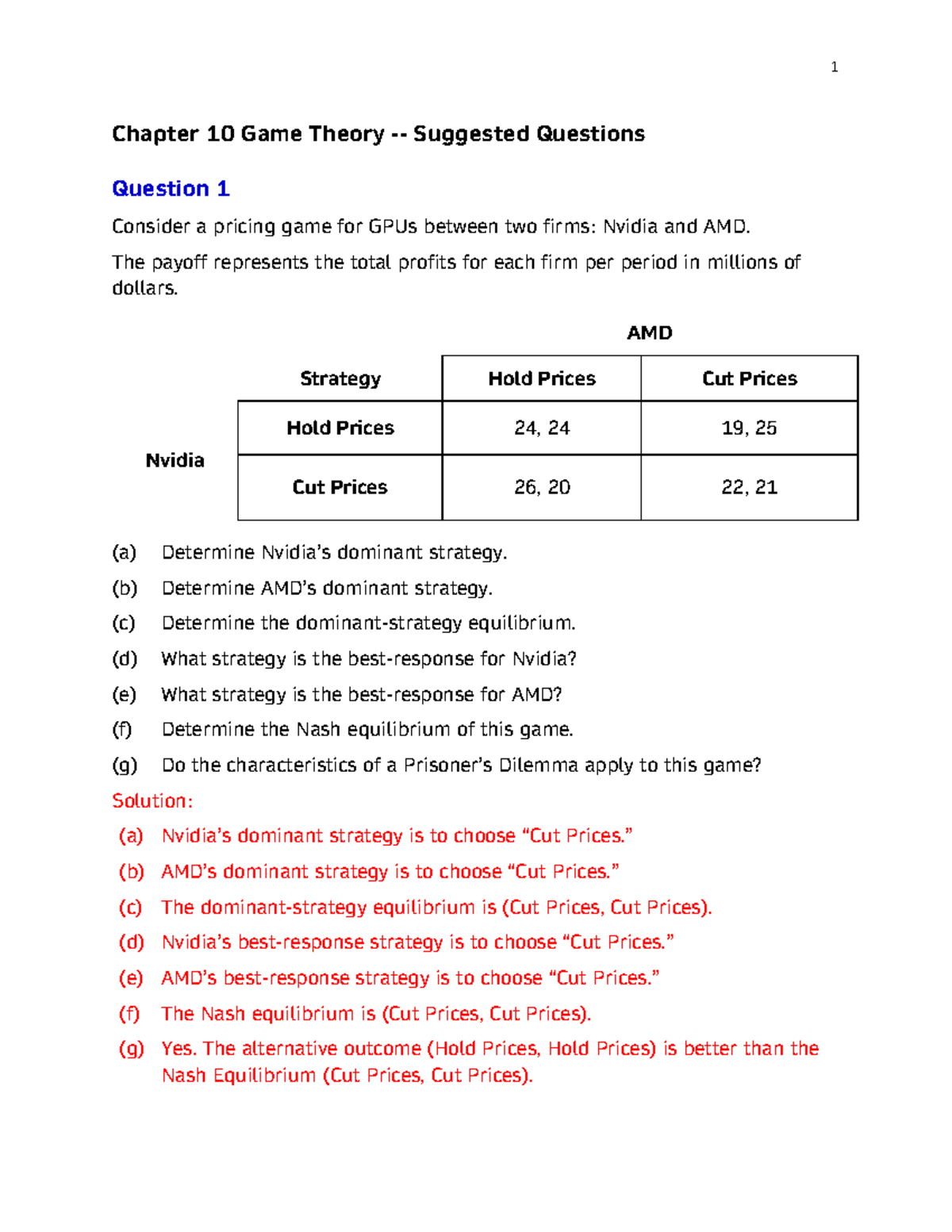 Ch10 Q&A - Chapter 10 Q&A - Chapter 1 0 Game Theory - Suggested ...