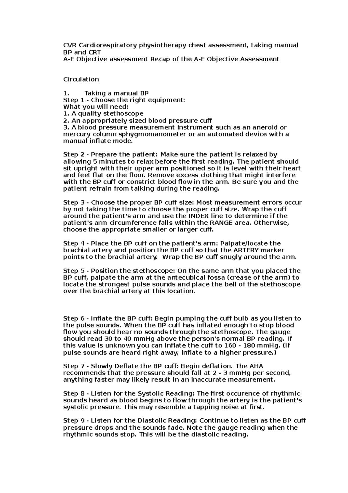 CVR Cardiorespiratory physiotherapy chest assessment, taking manual BP ...