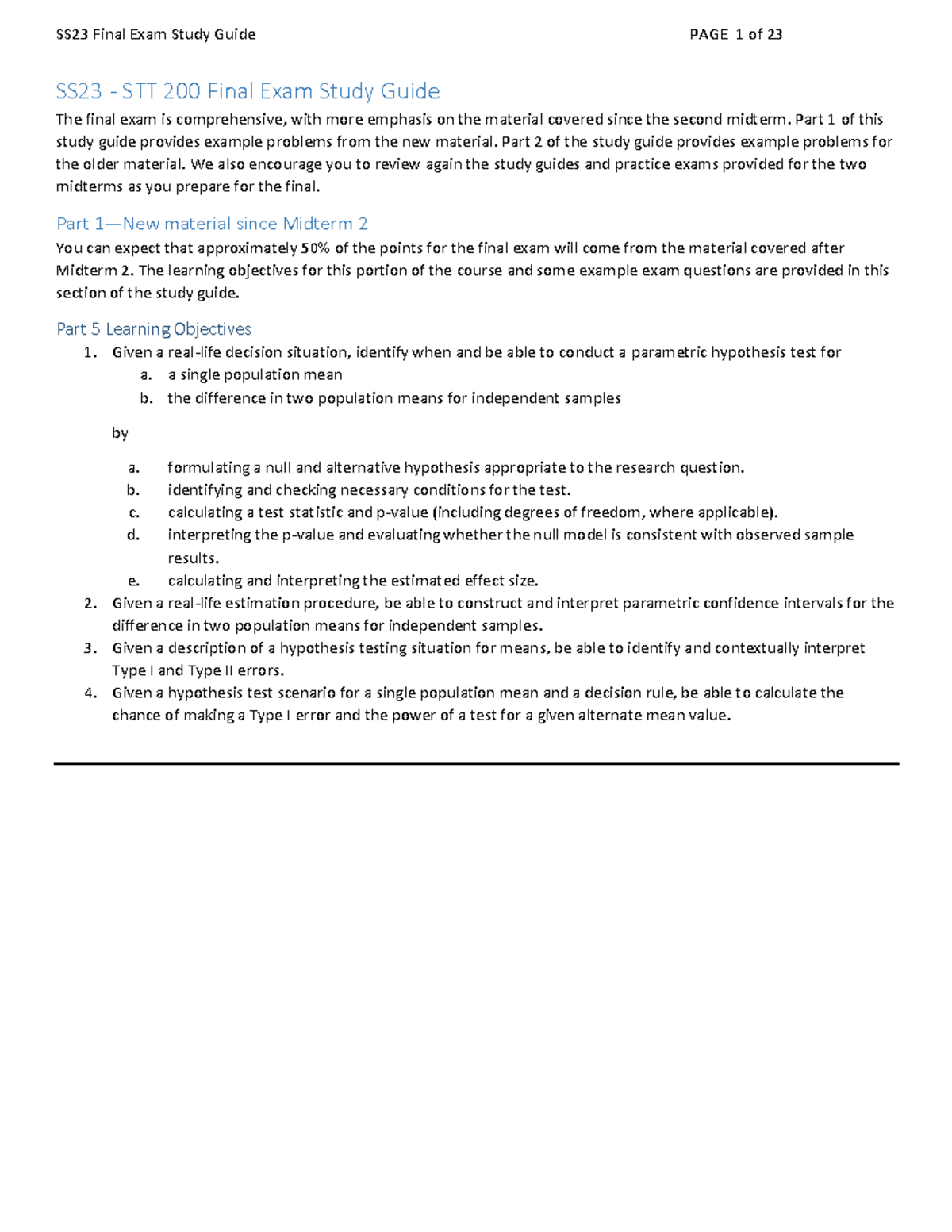 SS23-STT200 Final Exam Study Guide - SS23 - STT 200 Final Exam Study ...