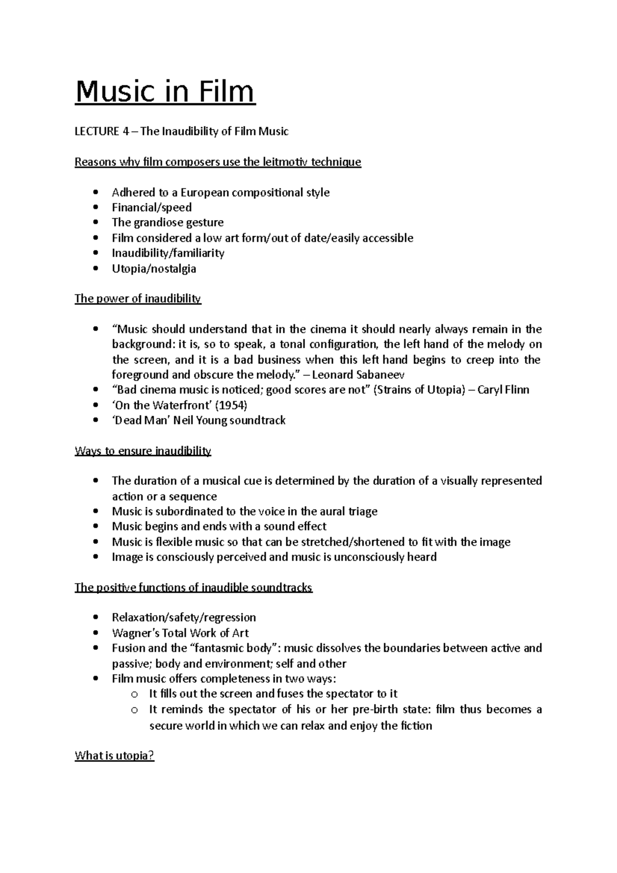 Lecture 4 - The Inaudibility of Film Music - Music in Film LECTURE 4 ...