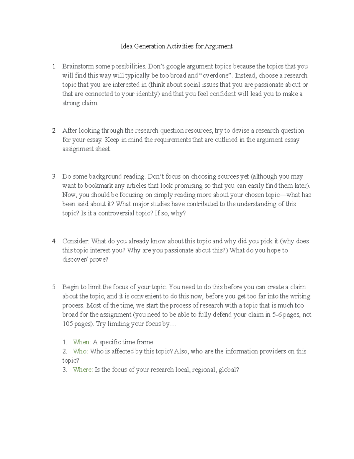 Topic Idea Generation for Argument - Idea Generation Activities for ...