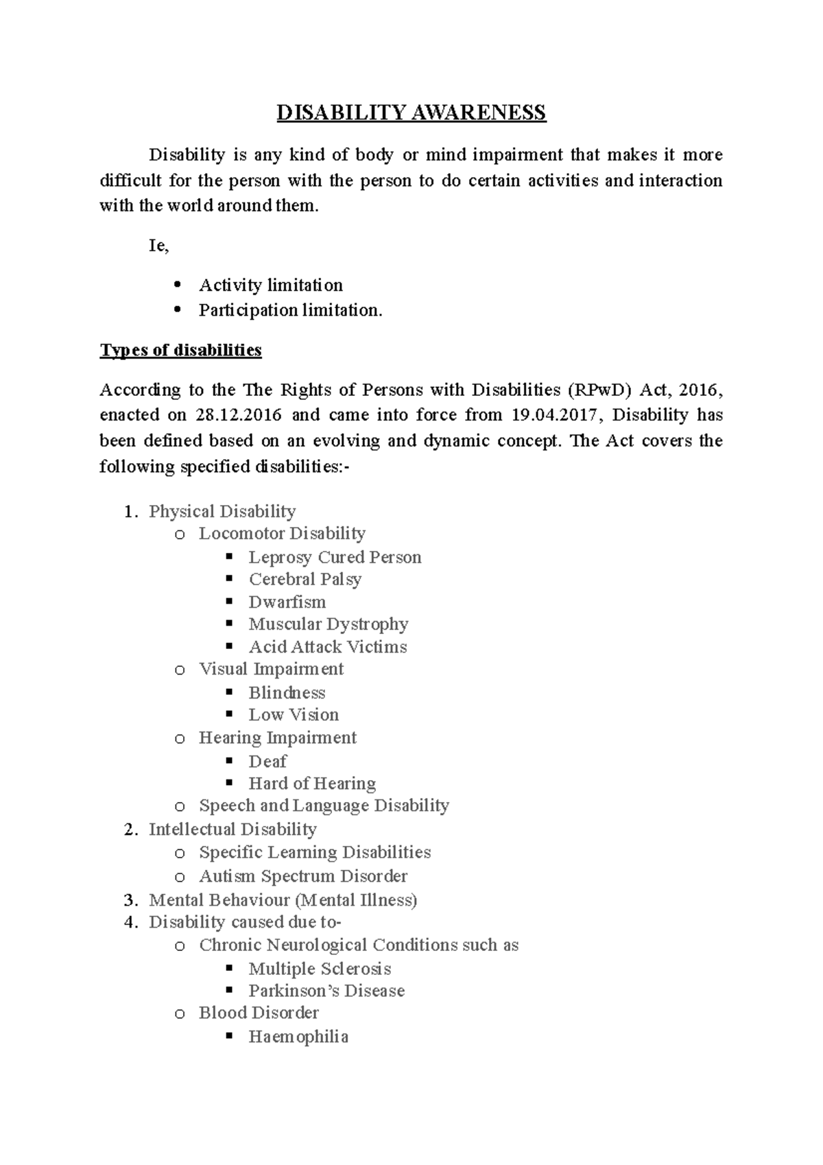 Disability Awareness - DISABILITY AWARENESS Disability is any kind of ...