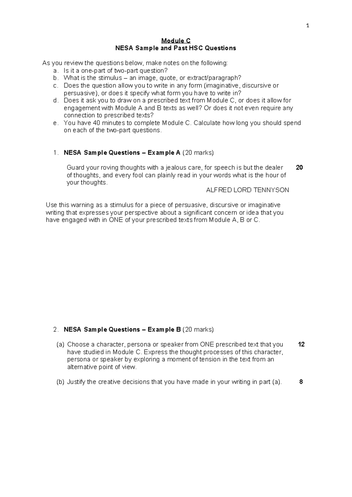Module C Sample And Past Hsc Questions Is It A One Part Of Two Part Question B What Is The