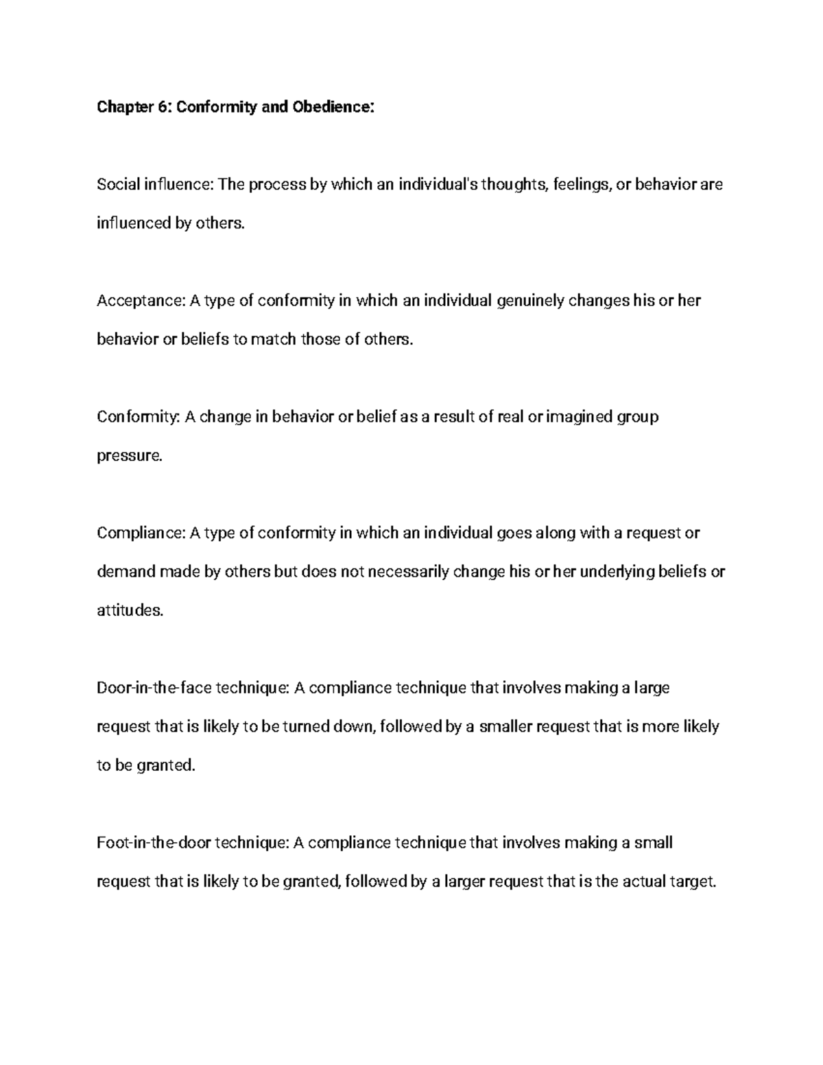 Chapter 6 Study Guide - Chapter 6: Conformity and Obedience: Social ...