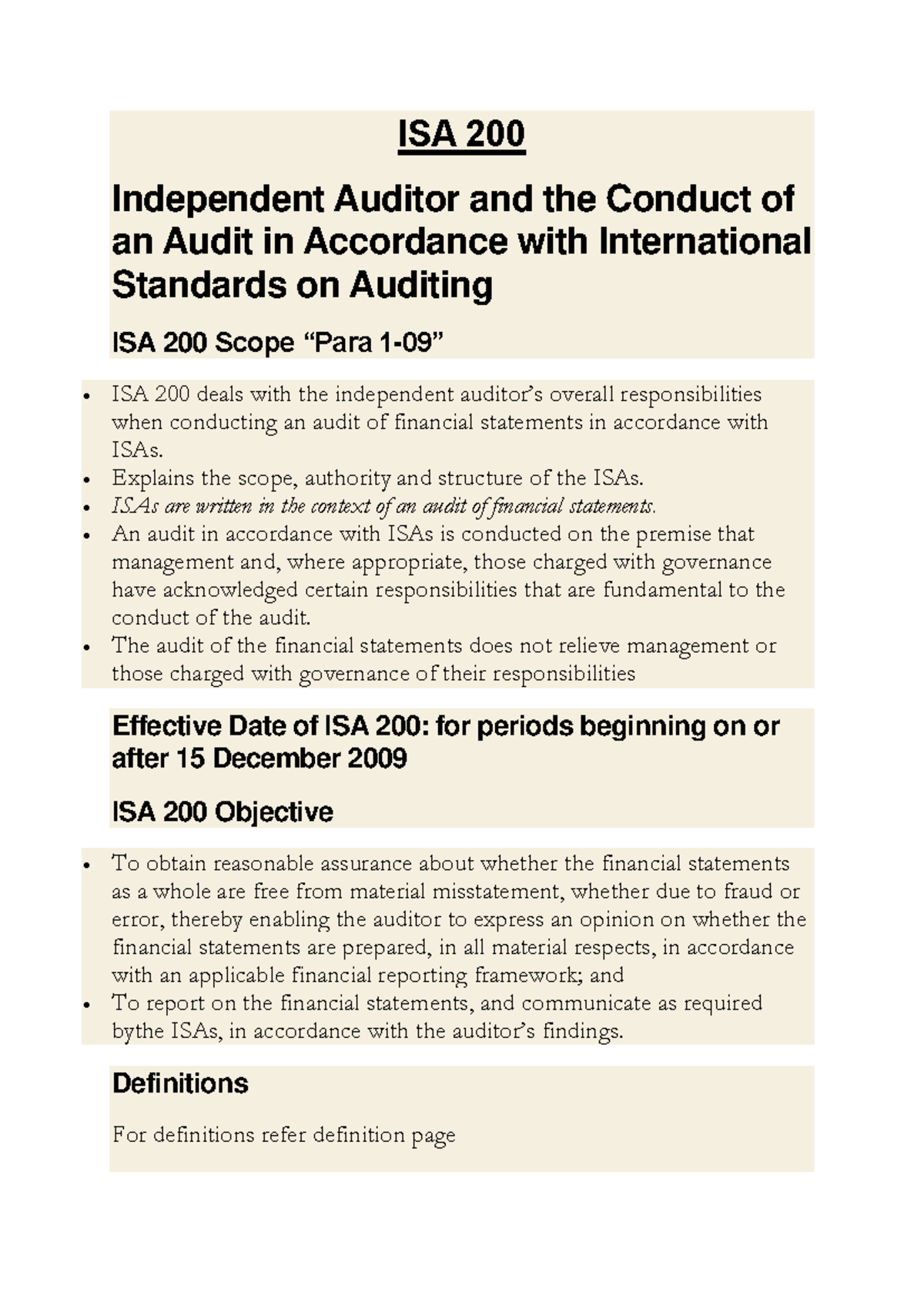 ISAs Summary - ISA 200 Independent Auditor and the Conduct of an Audit ...