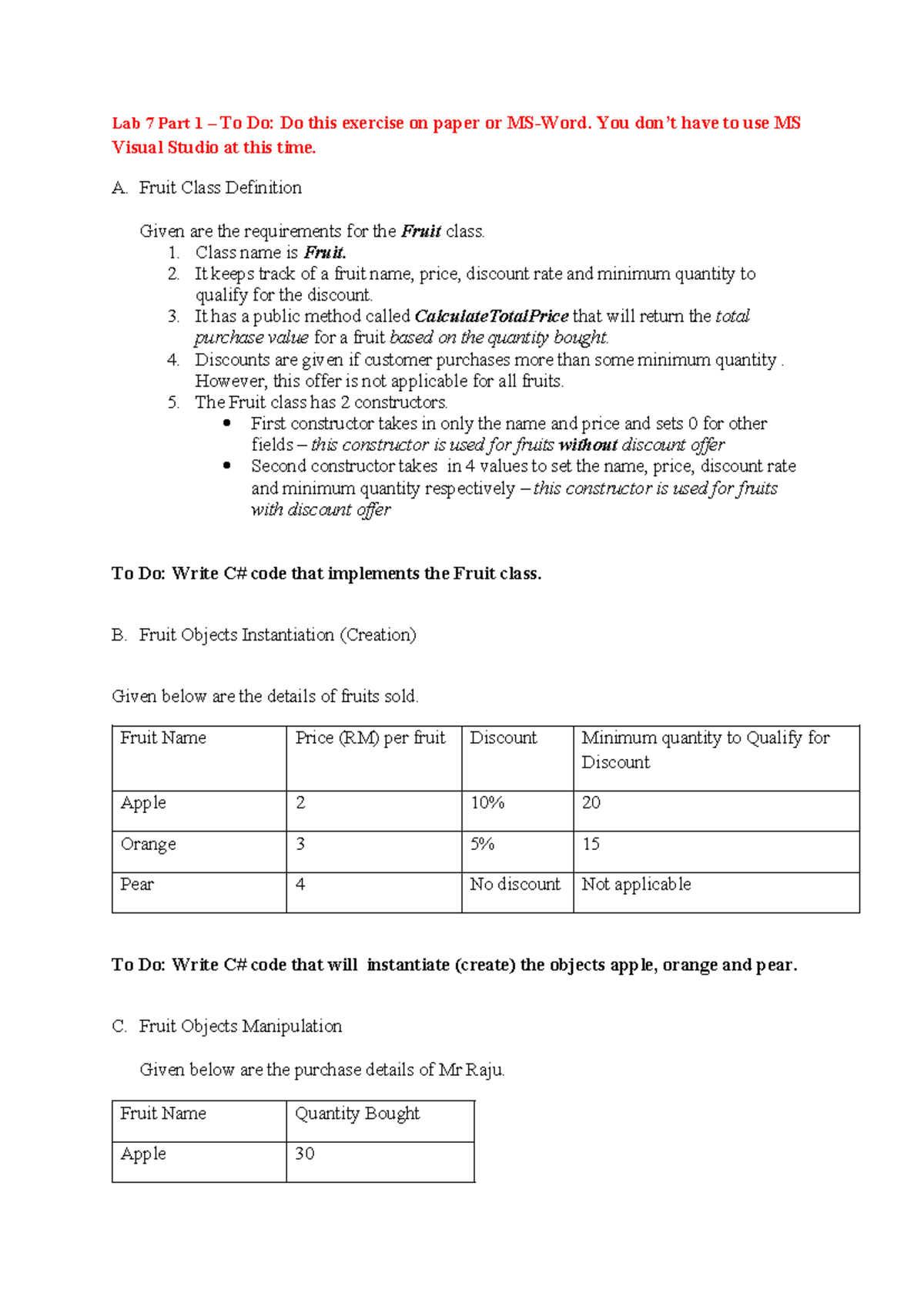 Lab 7 - Fruit Class - lab - Lab 7 Part 1 – To Do: Do this exercise on ...