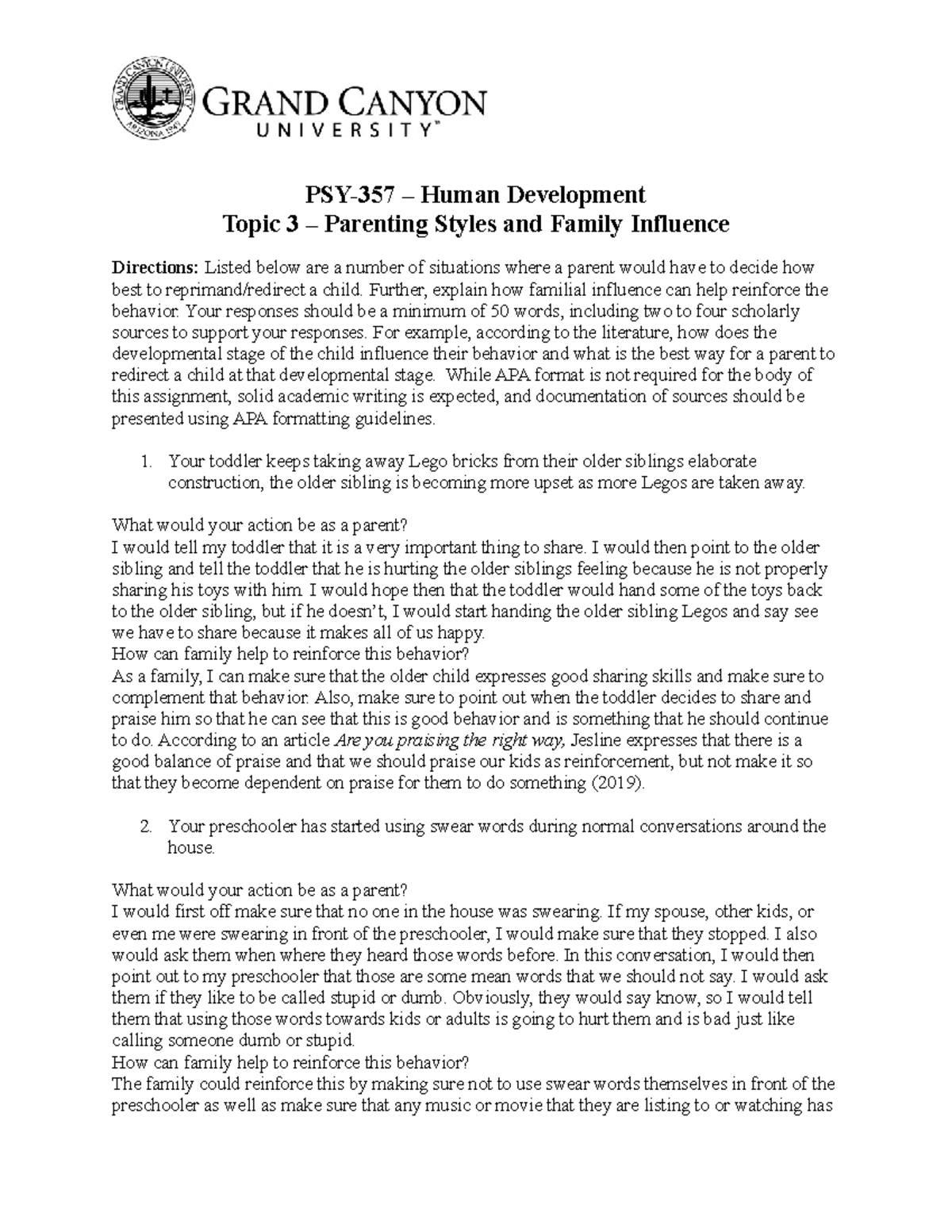 PSY357-RS-Parenting Styles Family Influence worksheet - PSY-357 – Human ...