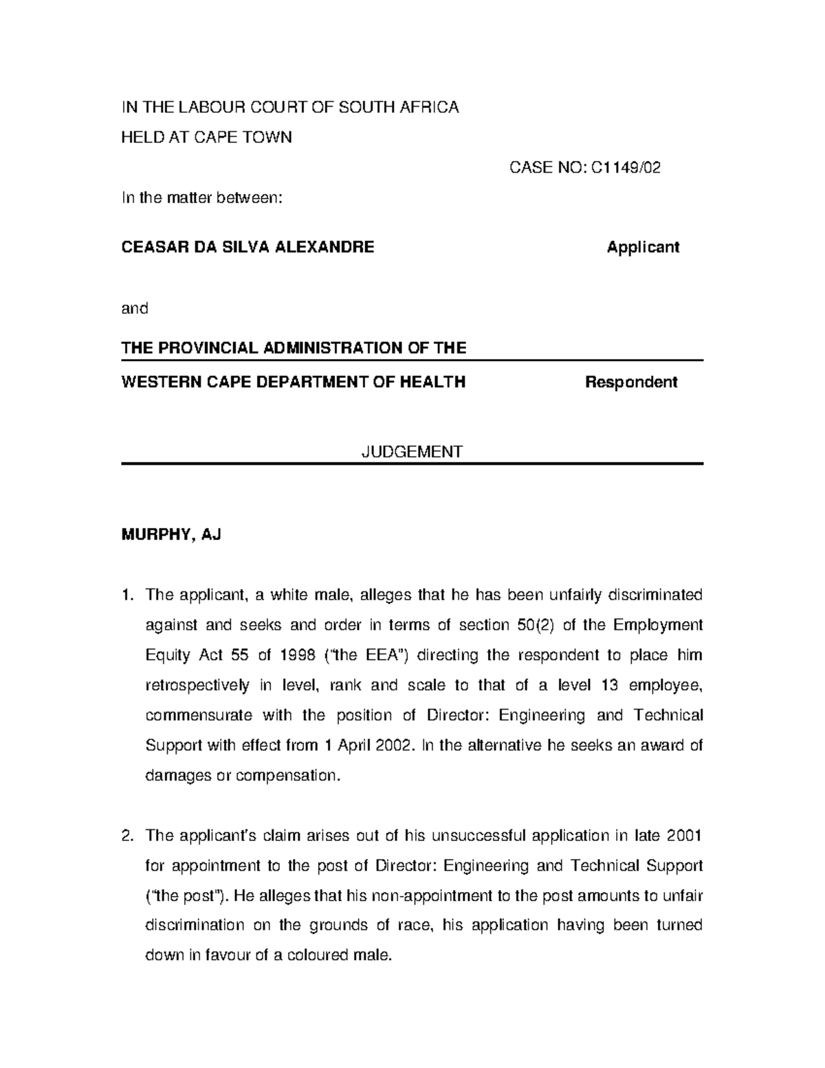 Alexandre case - fogb - IN THE LABOUR COURT OF SOUTH AFRICA HELD AT ...