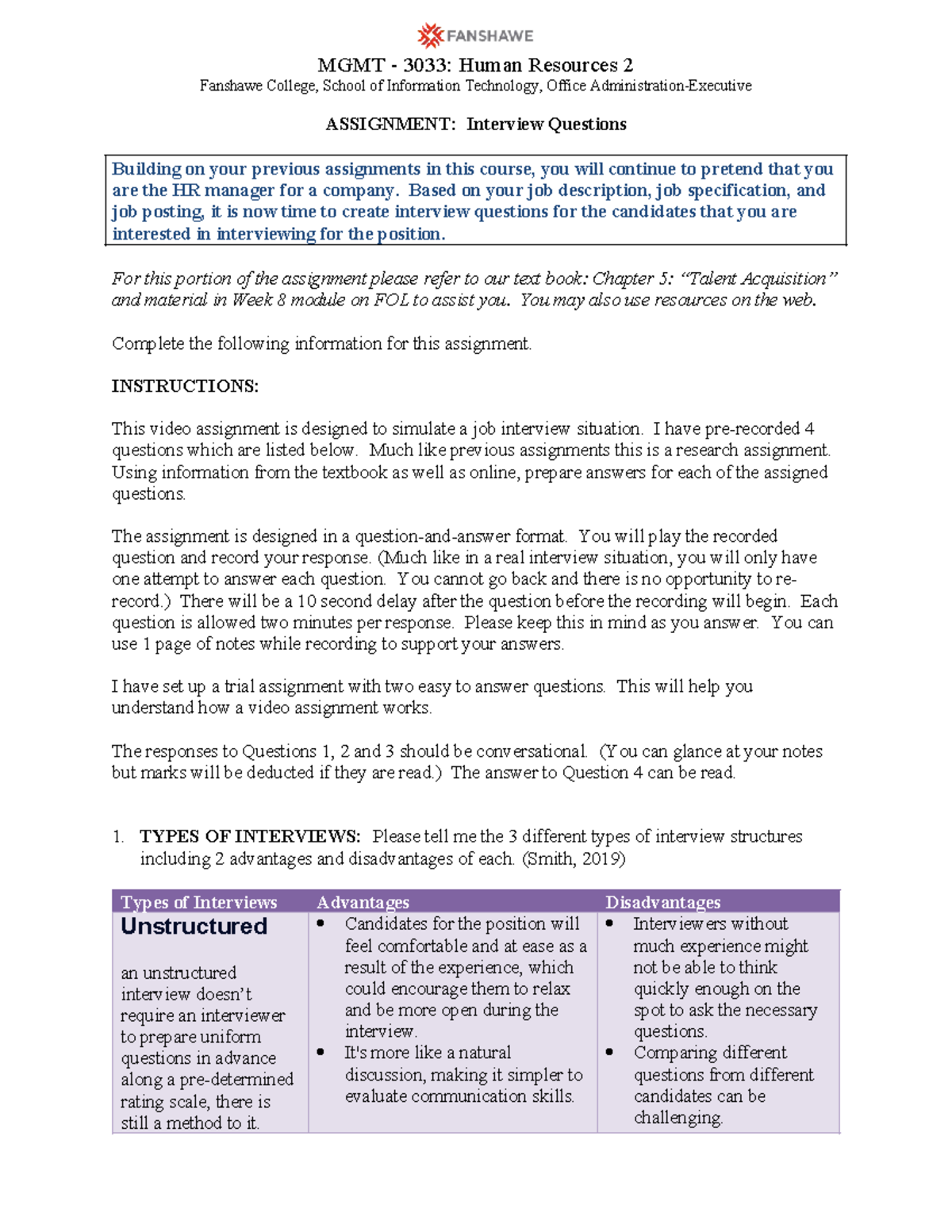 Mgmt3033 Interview Questions - Fanshawe College, School of Information ...