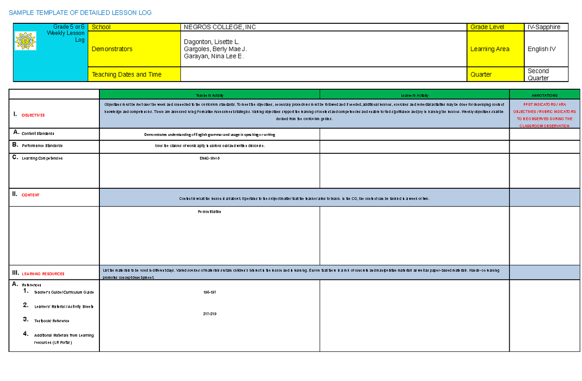 English (TEEG) - literature - SAMPLE TEMPLATE OF DETAILED LESSON LOG ...